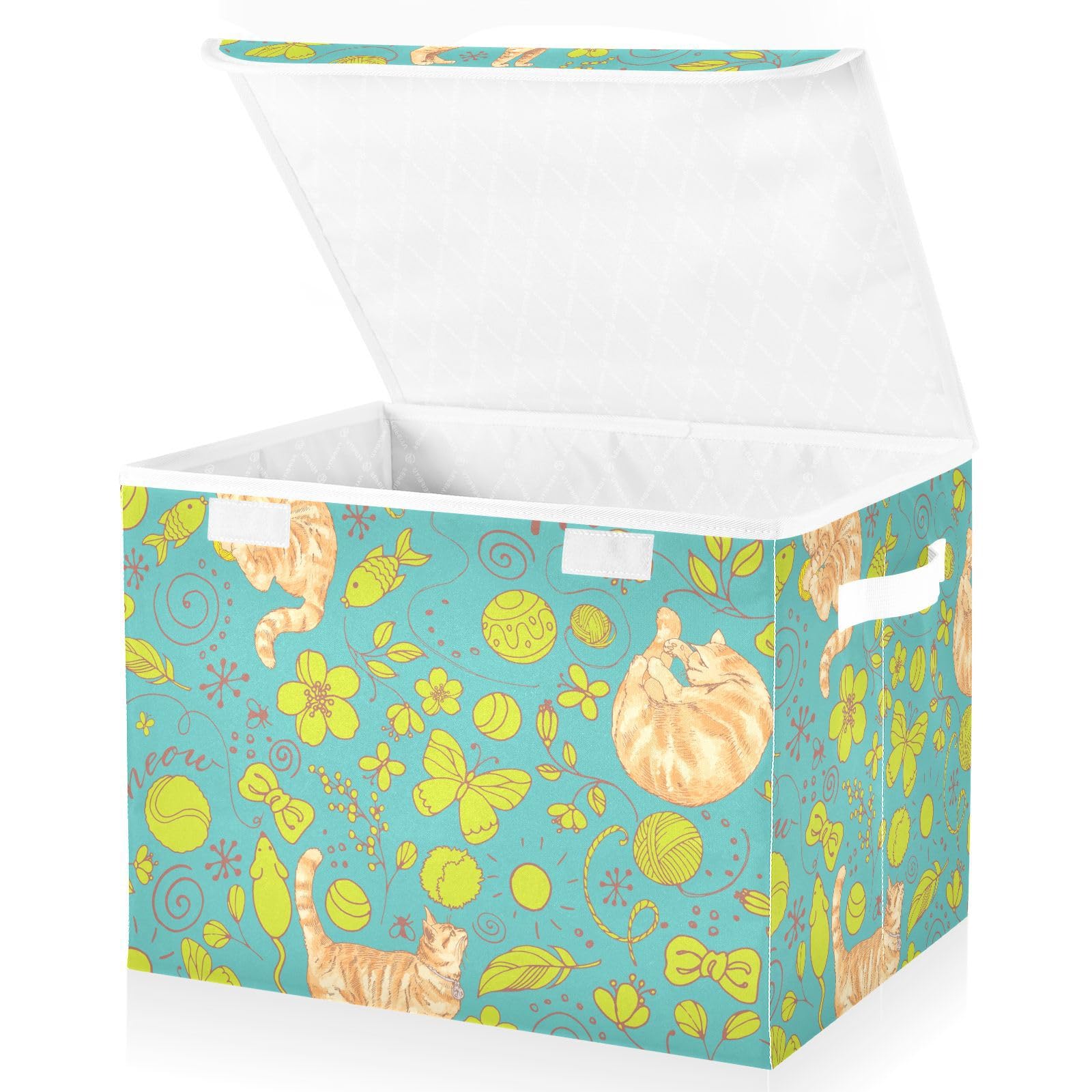 senya Large Collapsible Storage Bins with Lids, Cats on Turquoise Background Storage Baskets Organizer Containers with Handles for Nursery Clothes Toys