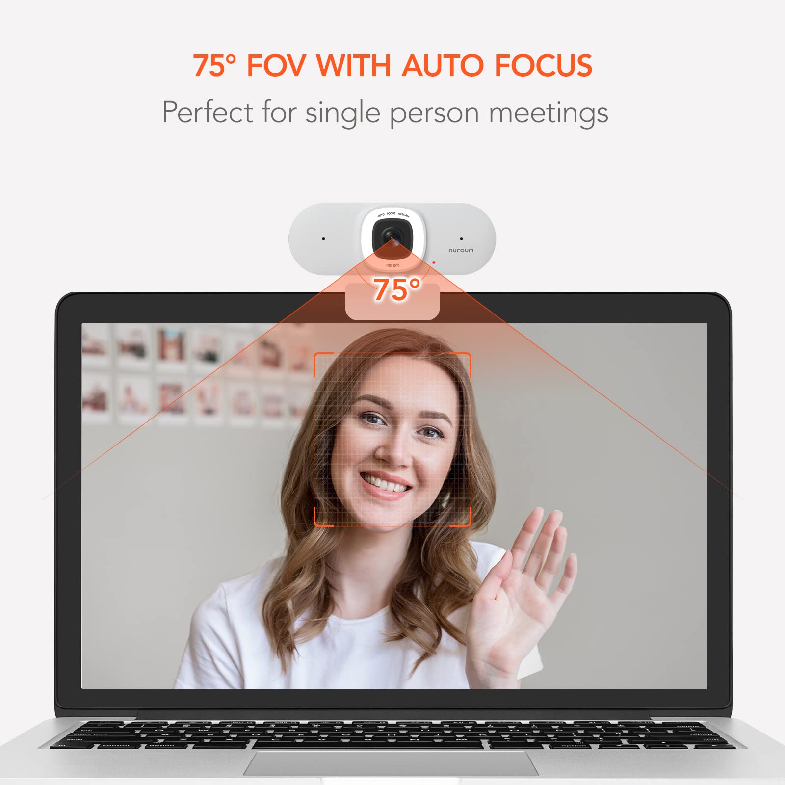NUROUM V15-AFL 2K Webcam for Streaming, 1080p 60FPS AutoFocus Web Camera with Adjustable Fill Light and Privacy Cover, 75°FOV Dual Microphone USB FHD Computer Camera, Plug and Play