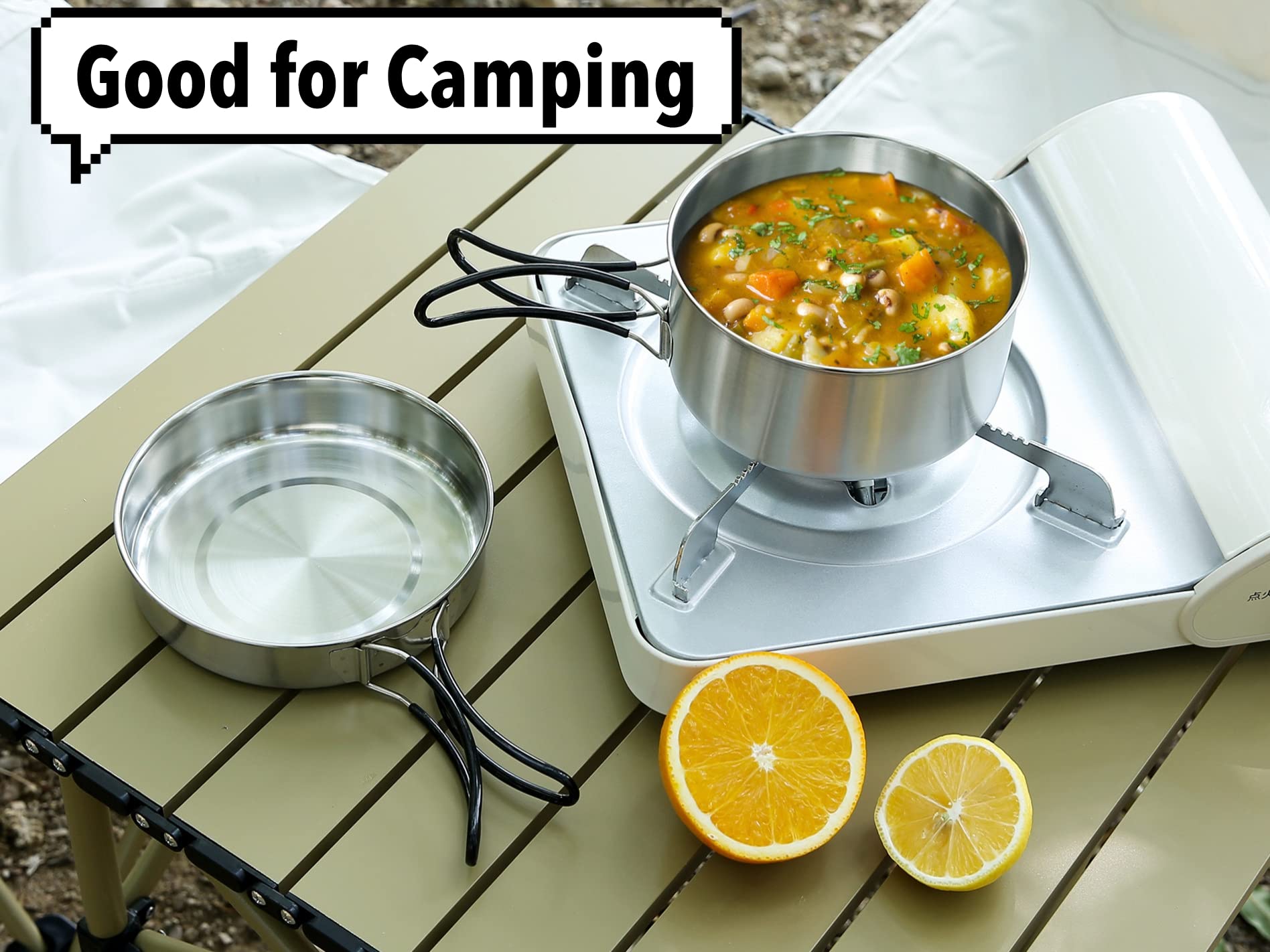 Wsaikis Stainless Steel Lunch Box Camping Cookware, Compact Mess Kit, Pot and Frying Pan with Folding Handle & Portable Mesh Bag Cooking Set for Picnic,Camping,Hiking