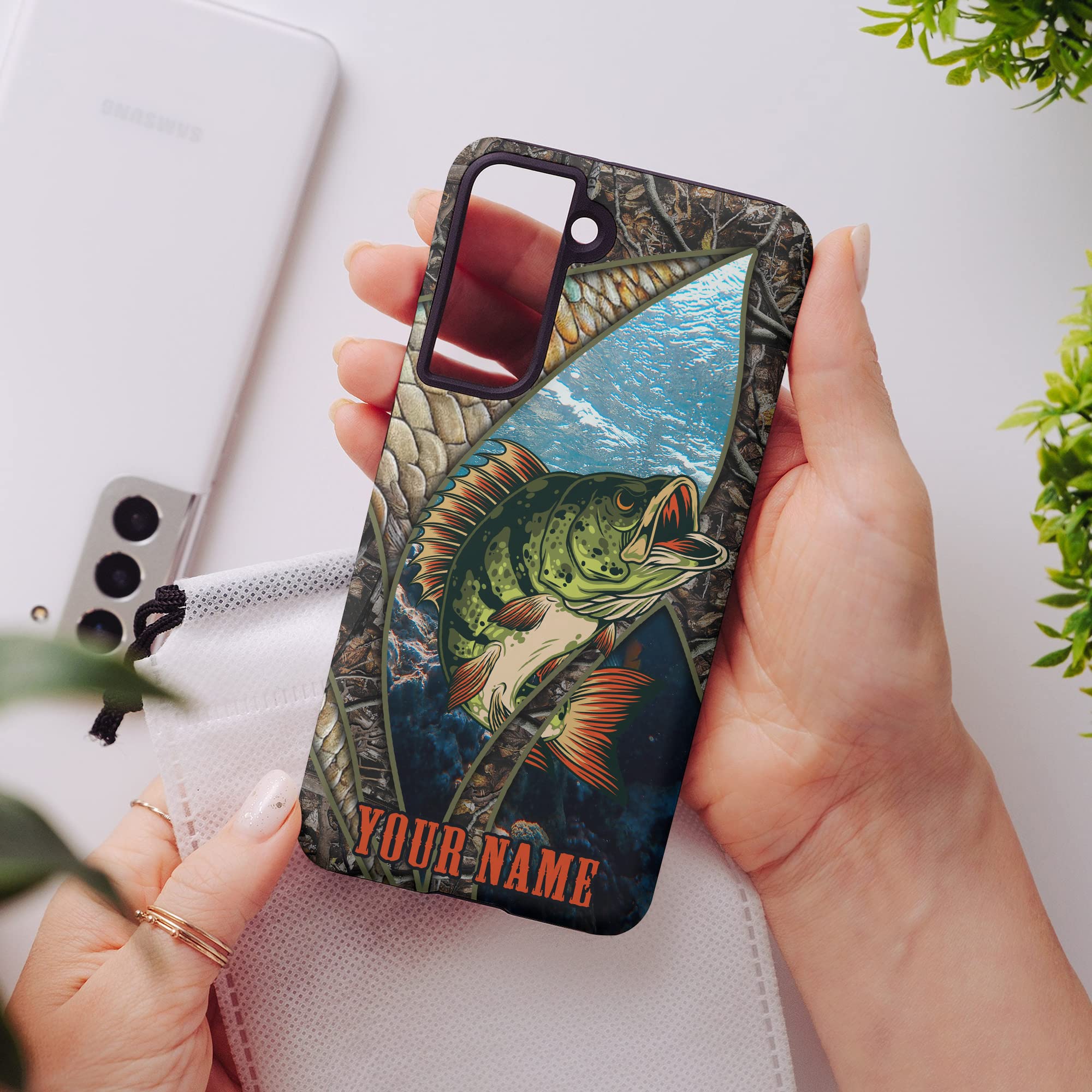 Personalized Bass Fish Fishermen Phone Case Custom Name Bass Fishing Leather Pattern Cute Protective Cover Customized Compatible with iPhone 14 12 13 11 Promax Samsung s23 s22 s21 s20 s10 Ultra