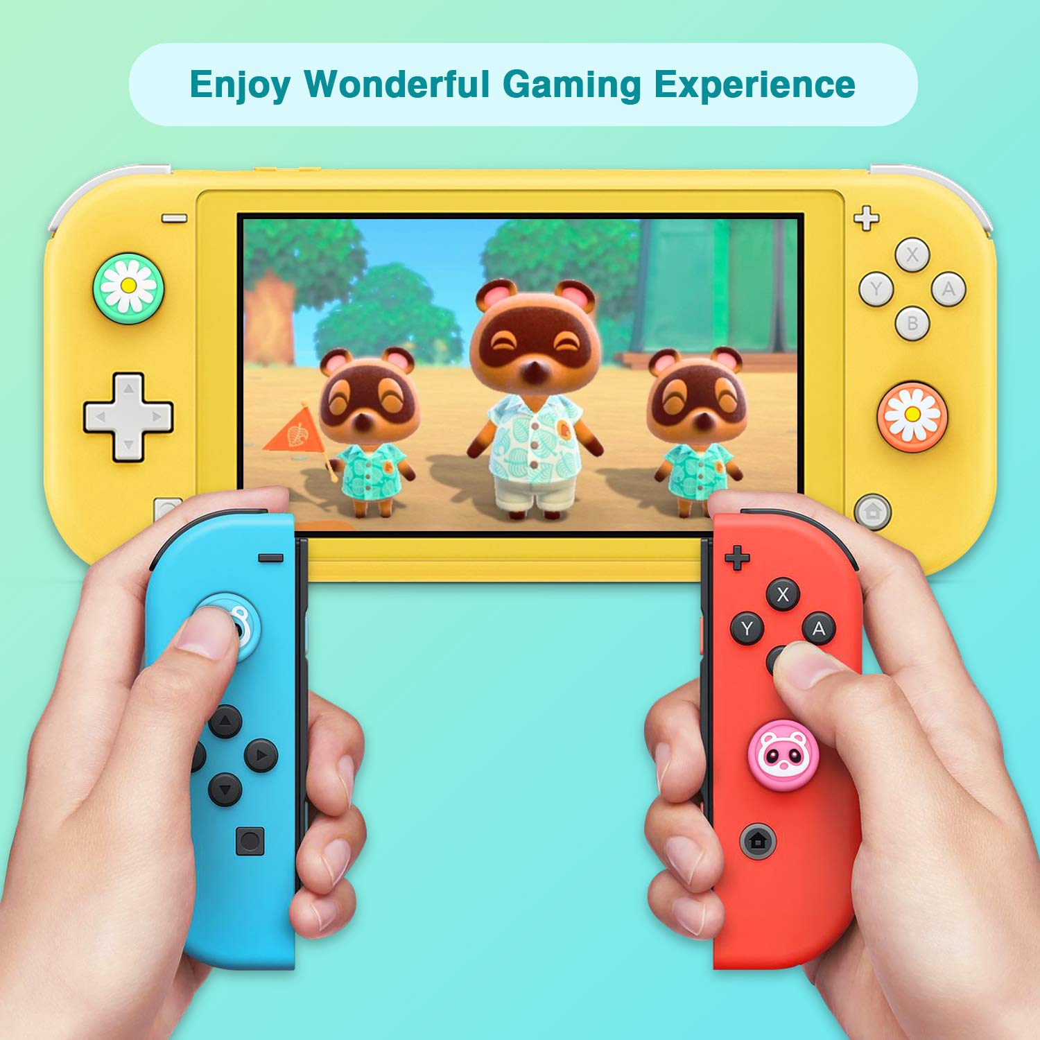 Thumb Grip Caps for Nintendo Switch & Lite Raccoon Flower 8 Pack Cute Design Soft Silicone Cover Joystick Caps Compatible with Switch Joy-Con, Pink&Blue& Green&Orange