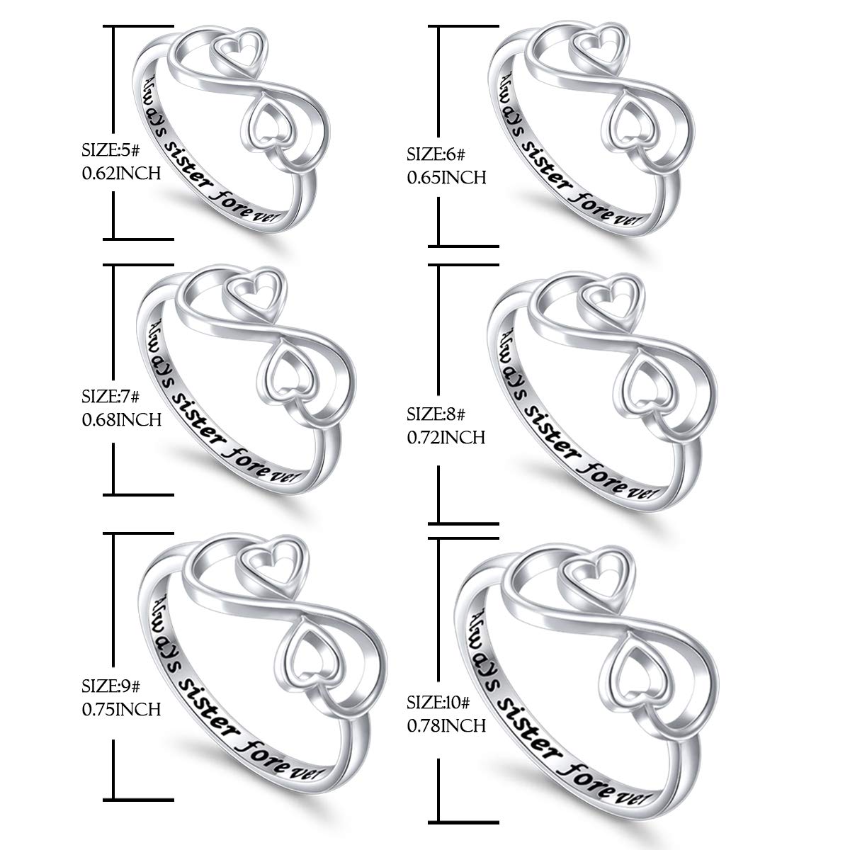 Sterling Silver Engraved Always Sister Forever Friend Heart Infinity Ring for Sister Gift Size 7