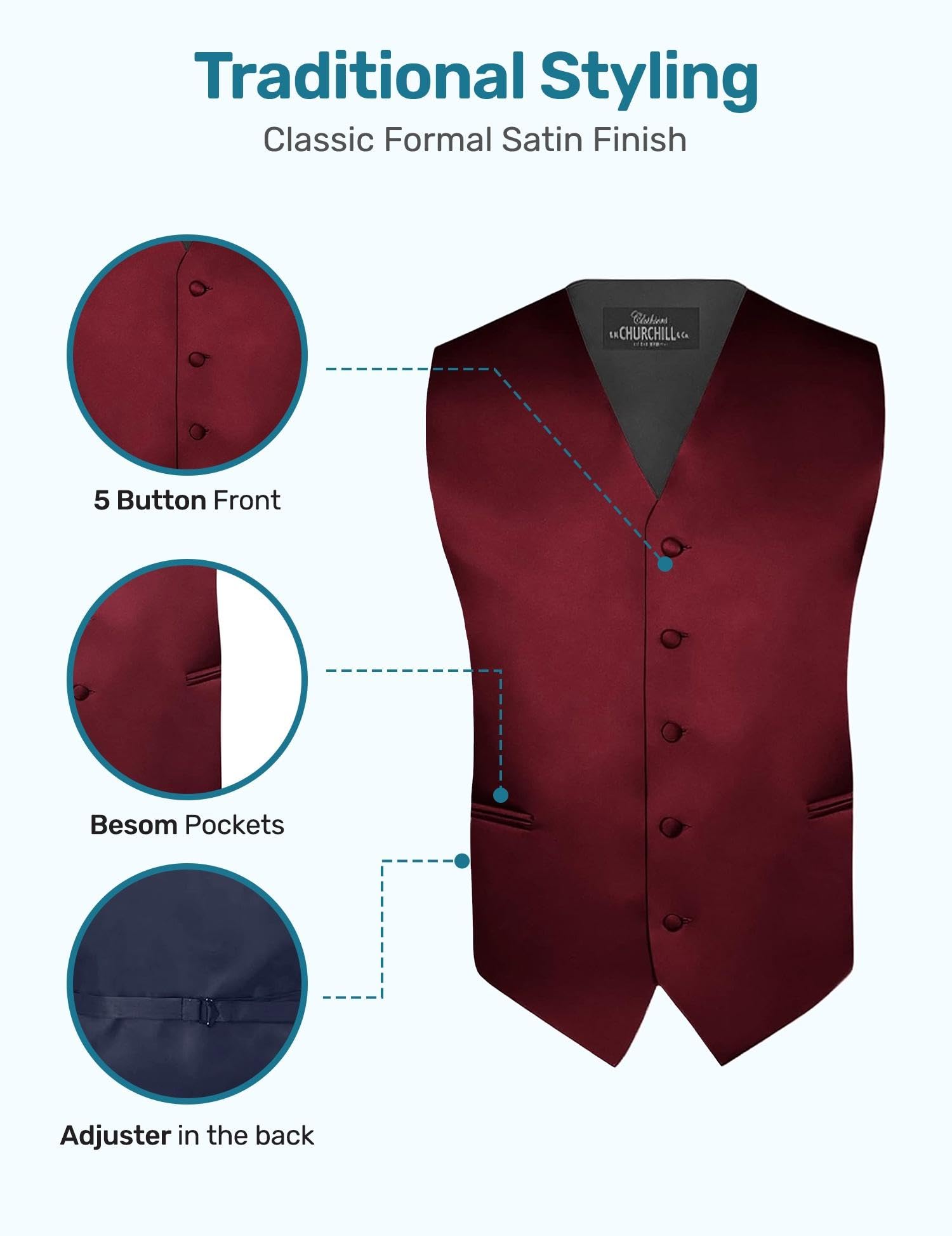 S.H. Churchill & Co. Men's 4 Piece Vest Set, with Bow Tie, Neck Tie & Pocket Hankie - Burgundy, XL