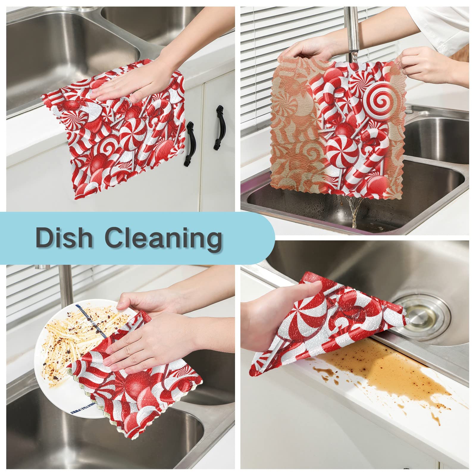 VIGTRO 6 Pack Super Absorbent Kitchen Towels,Christmas Candy Canes Premium Dish Cloths Towels, Sugar Red Sweets Gift Washable Fast Drying Dish Rags Reusable Cleaning Cloth 11x11