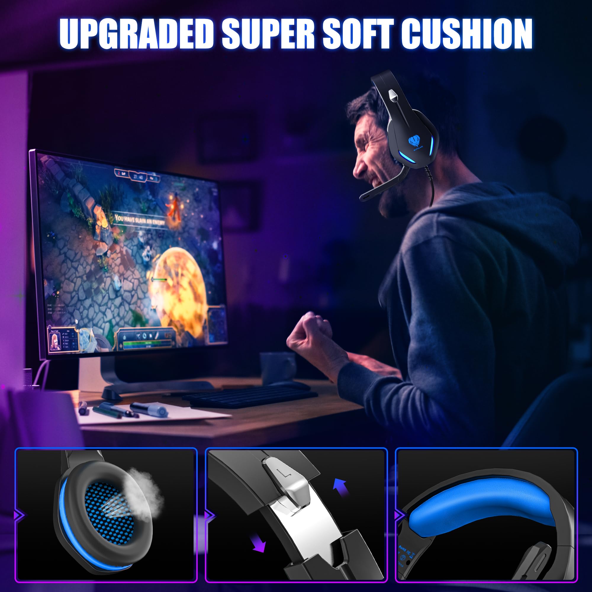 Stynice Gaming Headset for Xbox, PC, PS5, PS4, Laptop, Crystal Clear Sound Computer Gamer Headset with Noise Canceling Mic and LED Light - Lightweight Comfortable Over Ear Headphones (Blue)
