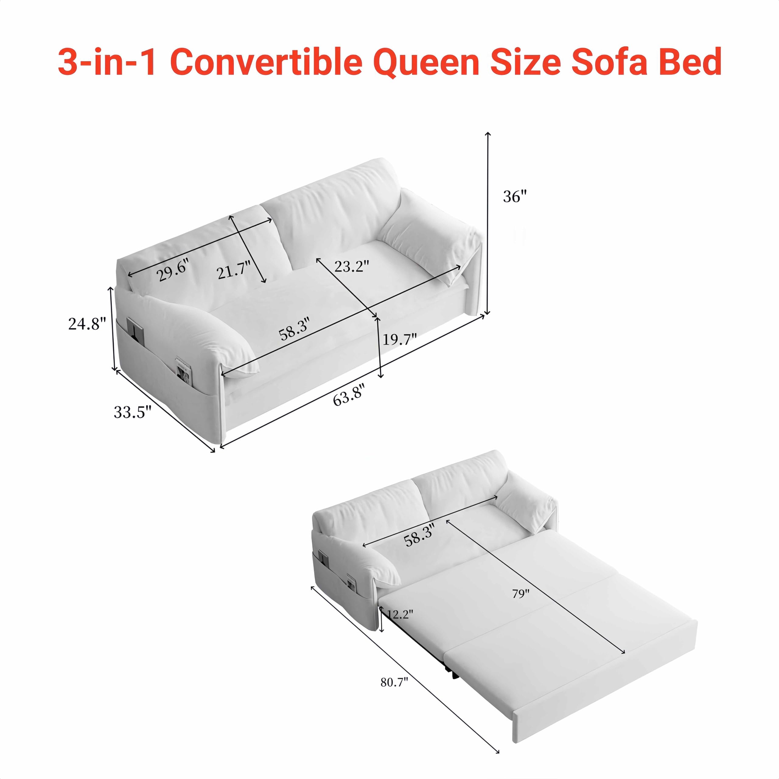 RIDFY 63.8" Queen Pull Out Sofa Bed, 3-in-1 Modern Love seat Bed, Convertible Sleeper Sofa Couch with Side Storage Pockets and Pillows, Velvet Deep Seat for Small Spaces,Apartment,Office,Grey-New