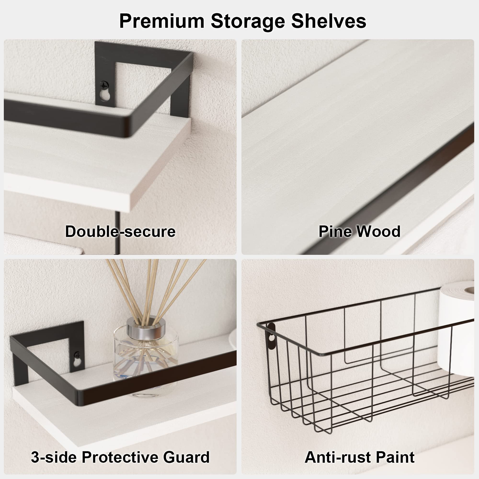 RICHER HOUSE Floating Shelves with Wire Basket, White Bathroom Shelves for Wall Decor, Rustic Wall Shelves with Removable Towel Bar, Wall Mount over Toilet Shelves for Kitchen, Bedroom - White