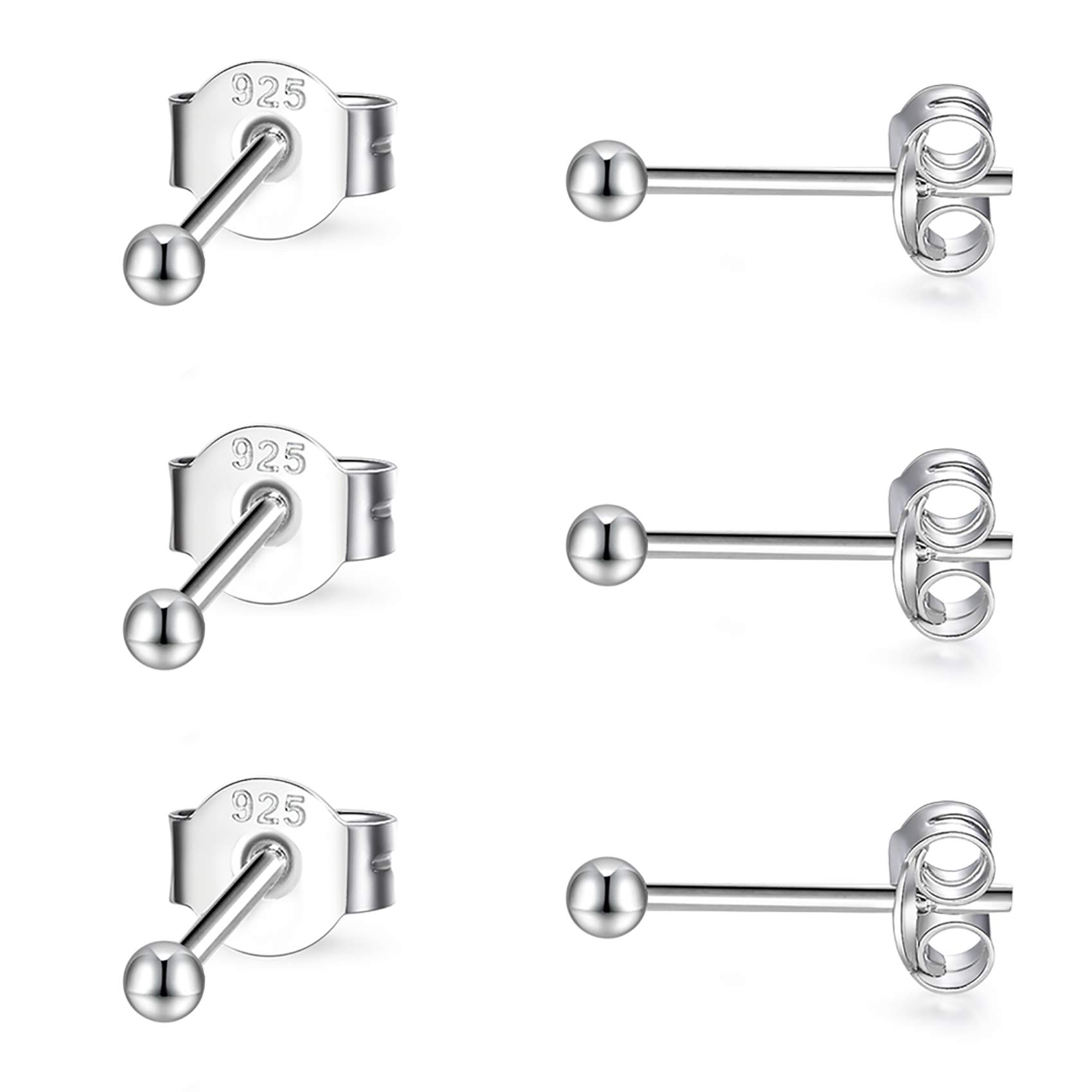 Sterling Silver Stud Earrings for Women Men- 3 Pairs of 2mm Tiny Round Ball Stud Earrings Set Cartilage Small Tragus Earrings Nose Lip Rings, Silver