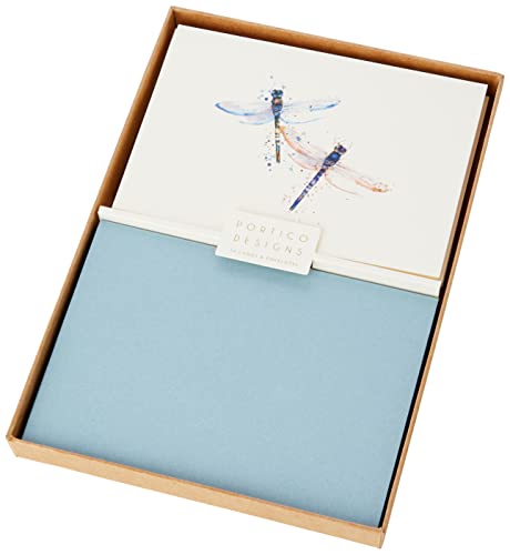 Portico Designs Blank Notecard Set Gold Foil Boxed Notecards Stationary Set, 10-Count, Dragonflies