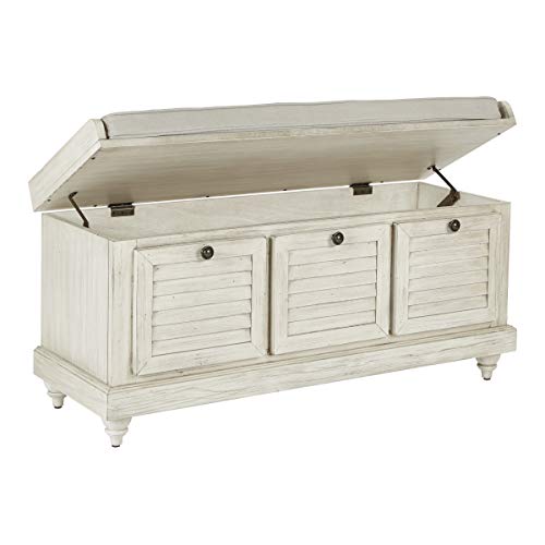 OSP Home Furnishings Dover Coastal Lift-Top Storage Bench with Shutter Face Styling and Cushion, White Wash