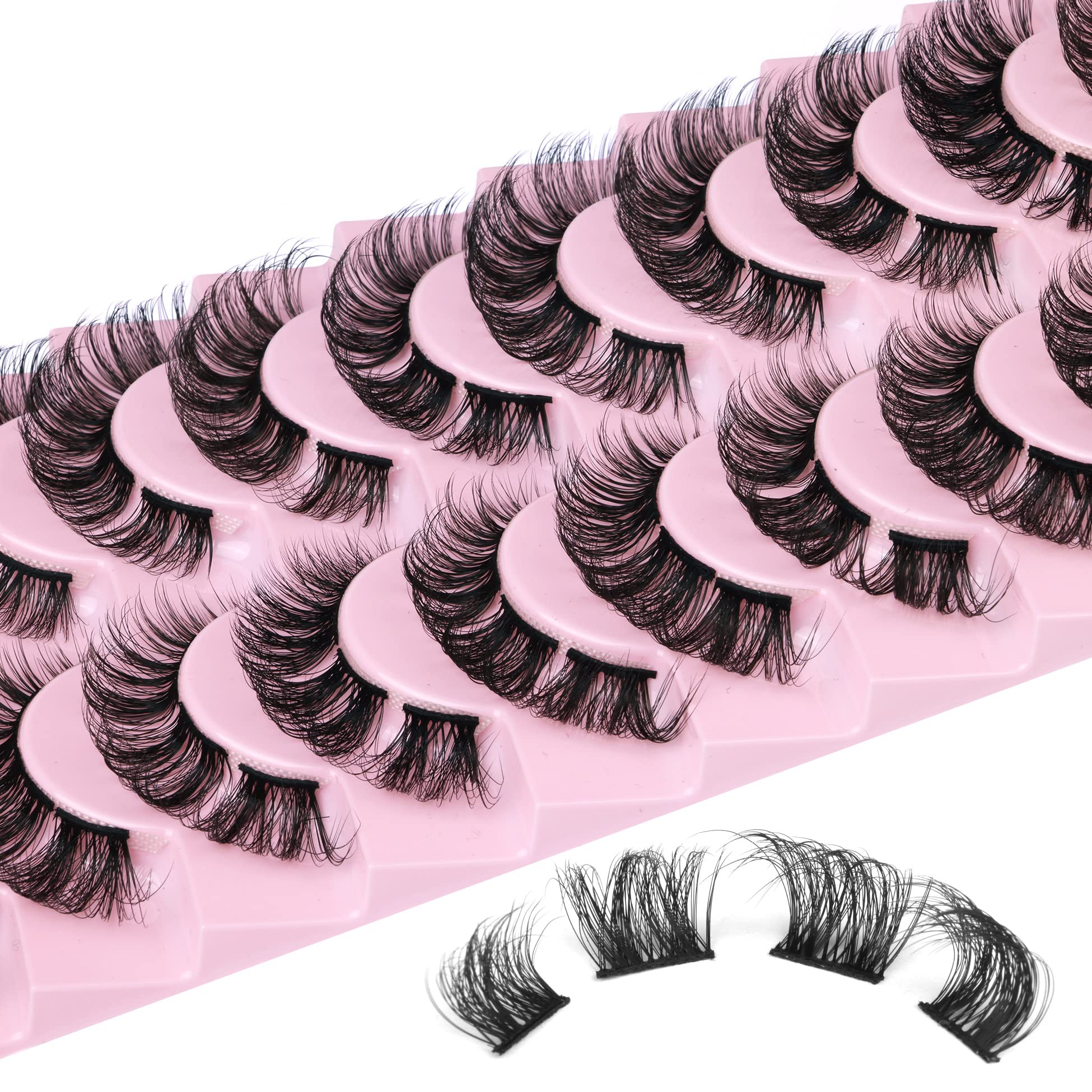 wiwoseo Cluster Lashes Extension Strip Eyelashes Individual Cat Eye Lashes Thick Volume DIY Lashes that Look like Extension Natural Fluffy Faux Mink Lashes 16MM PestaƱas Postizas 10 Pairs Pack