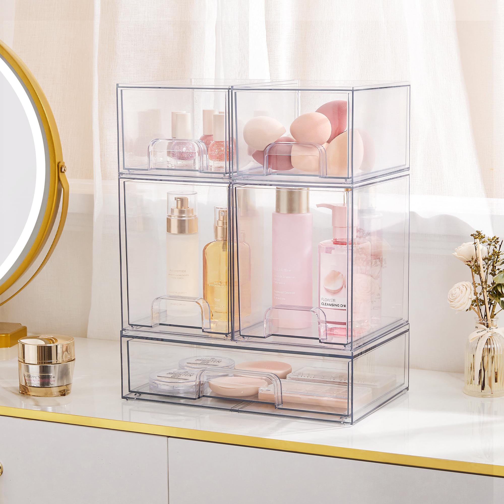 Vtopmart Stackable Makeup Organizer Storage Drawer, 4.4'' Tall Acrylic Bathroom Organizers,Clear Plastic Storage Bins For Vanity, Undersink, Kitchen Cabinets, Pantry Organization and Storage