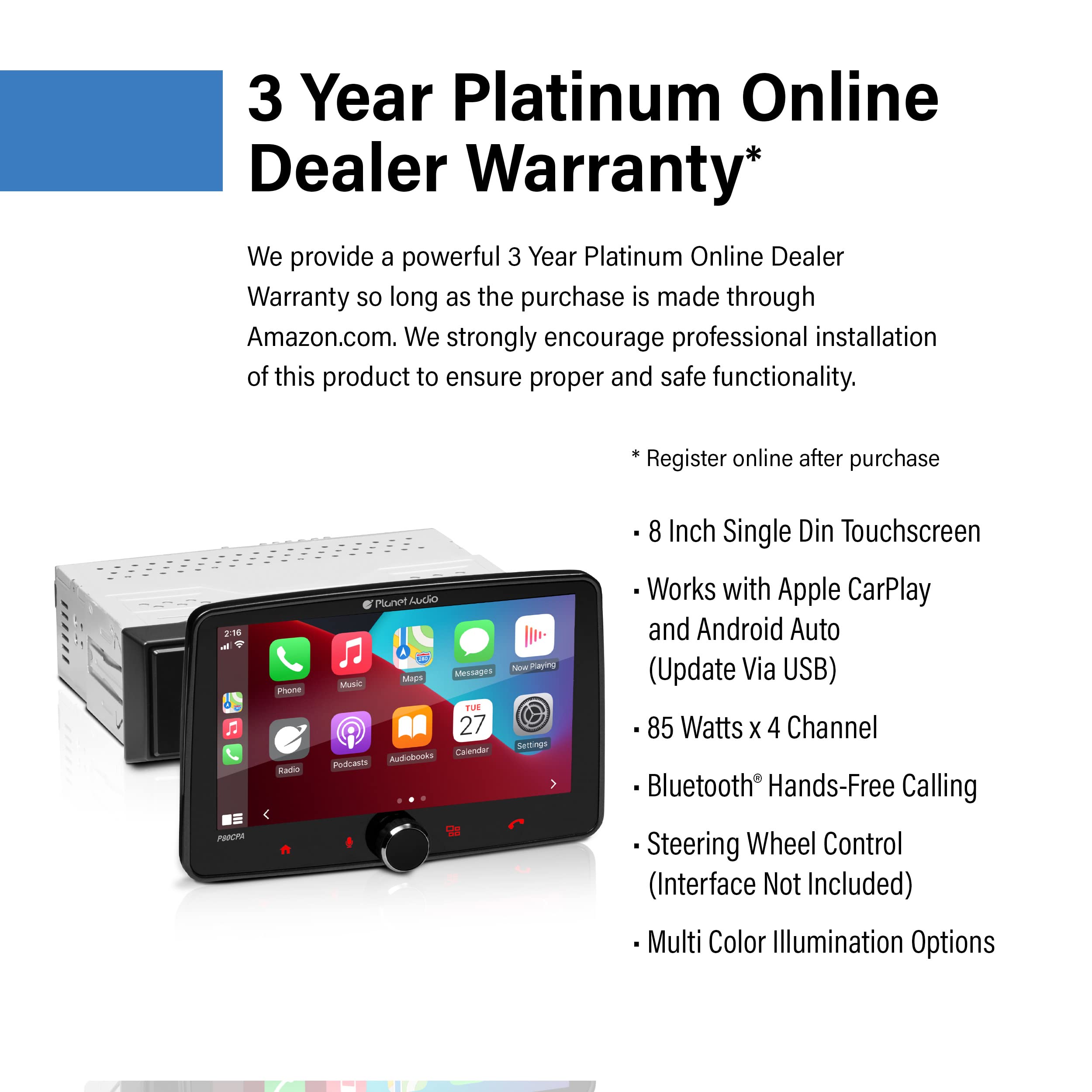 Planet Audio P80CPAC Car Stereo System, Apple CarPlay, Android Auto - Single Din, 8 Inch Touchscreen, Bluetooth Audio and Calling Head Unit, AM/FM Radio Receiver, No CD Player, USB, Hook to Amplifier