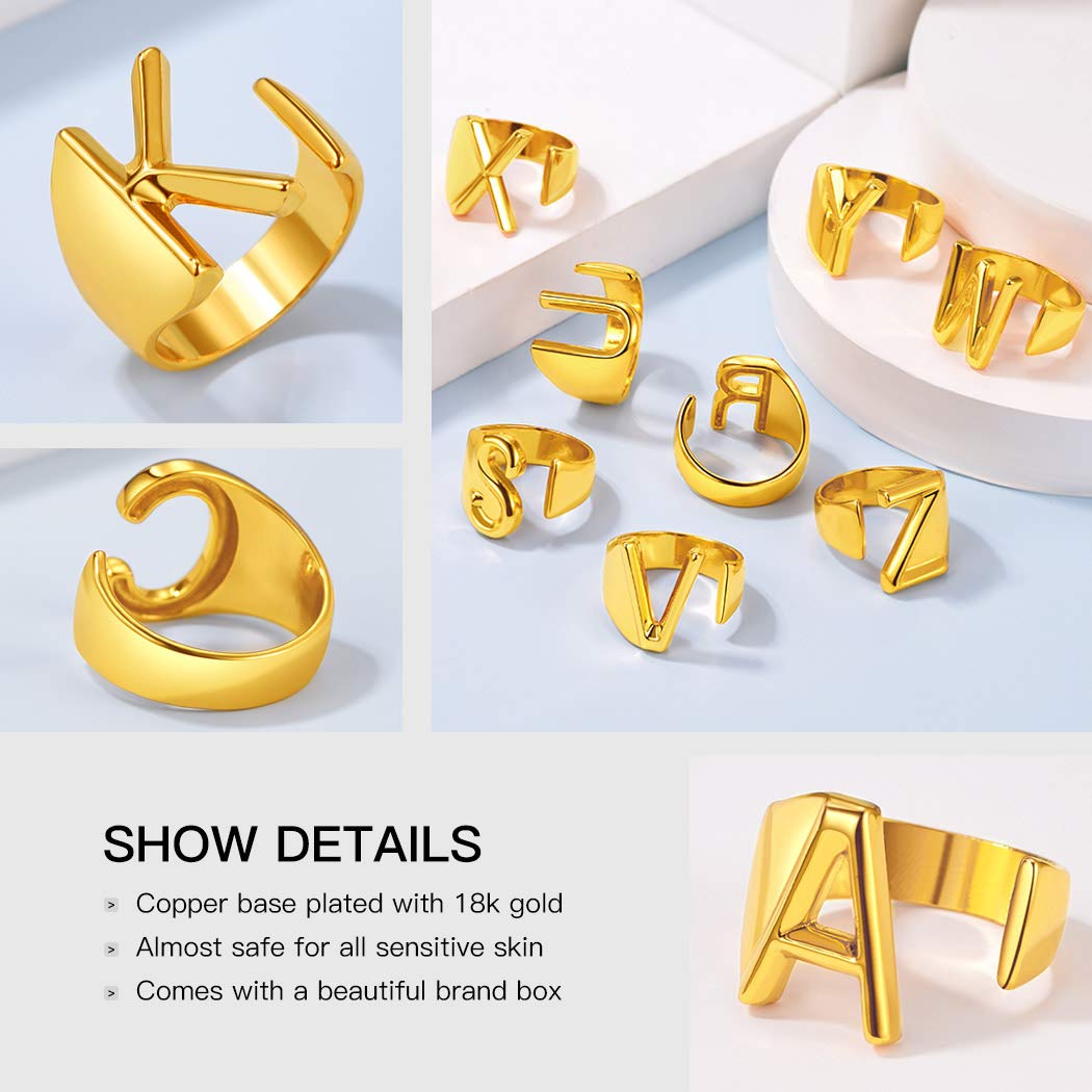 Suplight Personalized Gold Bold Initial Letter Open Ring Adjustable, Fashion Finger Rings Alphabet A-Z, Womens Signet Ring Initial, Gold Statement Rings for Women