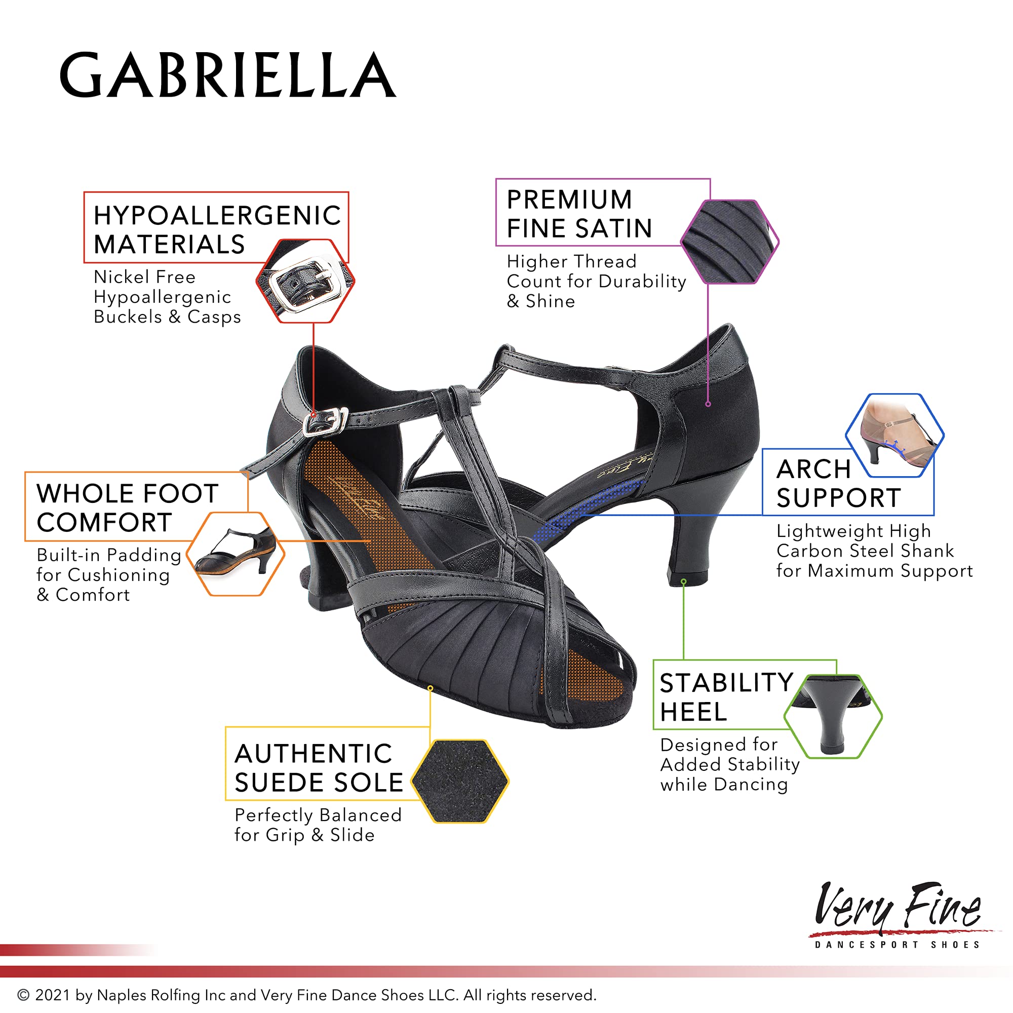 Very Fine Womens Dance Shoe Gabriella Bachata Swing Salsa Latin Ballroom Black Satin 2.5" Heel 8.5 US