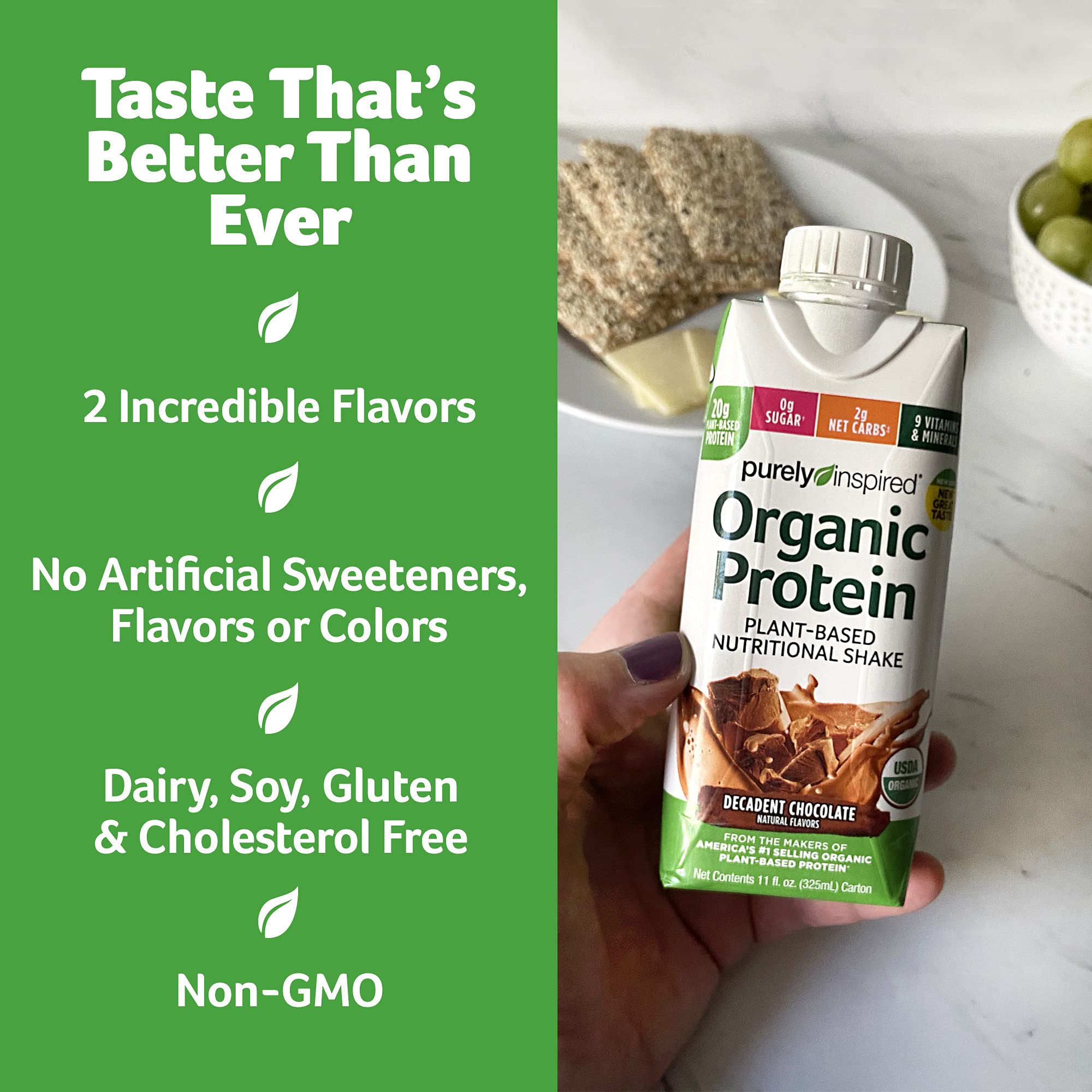 Purely Inspired Ready to Drink Organic Protein Shake, Decadent Chocolate (12 Pack) - Plant-Based RTD Nutritional Protein Drinks - Zero-Sugar & Gluten-Free Meal Replacement Drink Liquid Protein