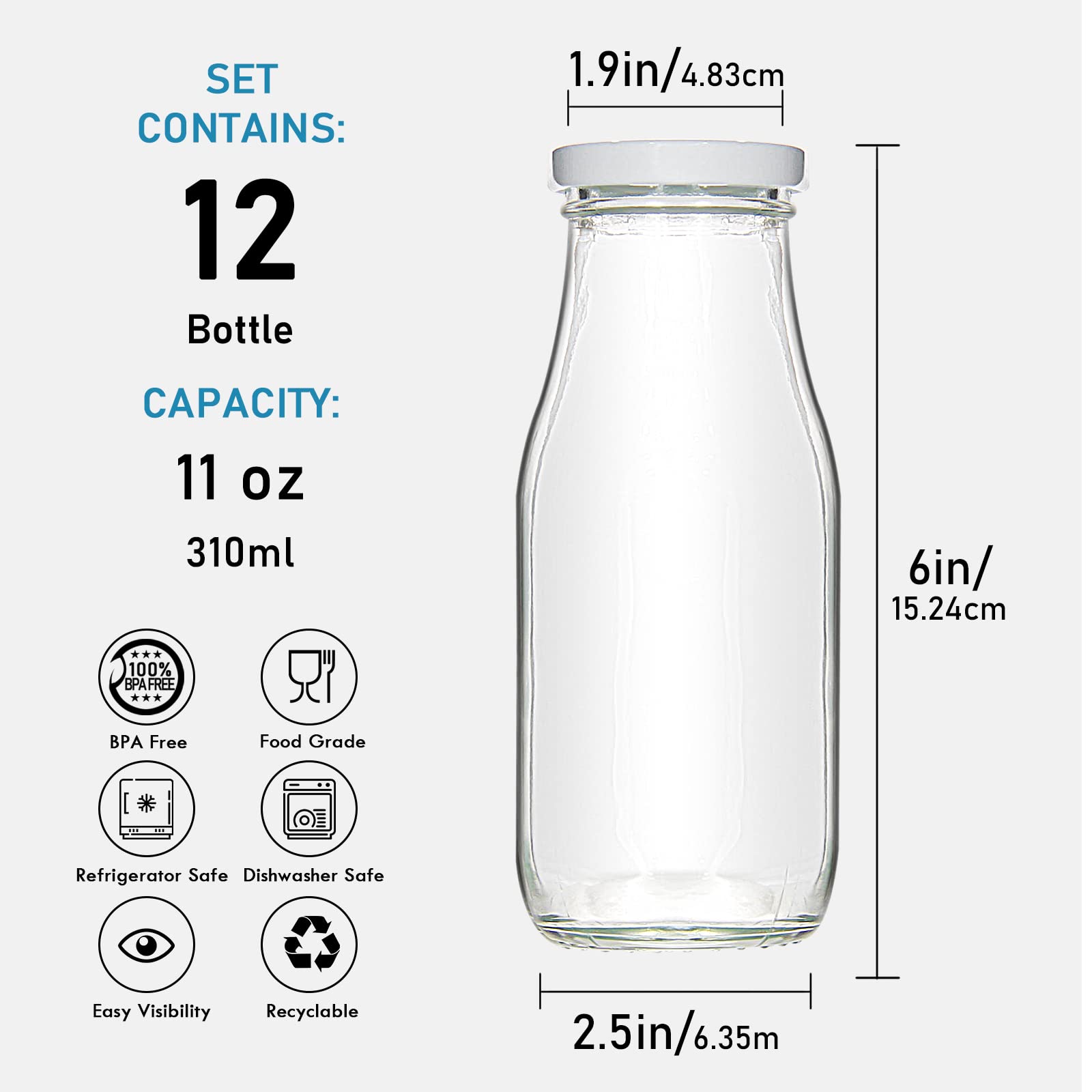 YEBODA 11oz Glass Milk Bottles with Reusable Metal Twist Lids and Straws for Beverage Glassware and Drinkware Parties, Weddings, BBQ, Picnics, Set of 12