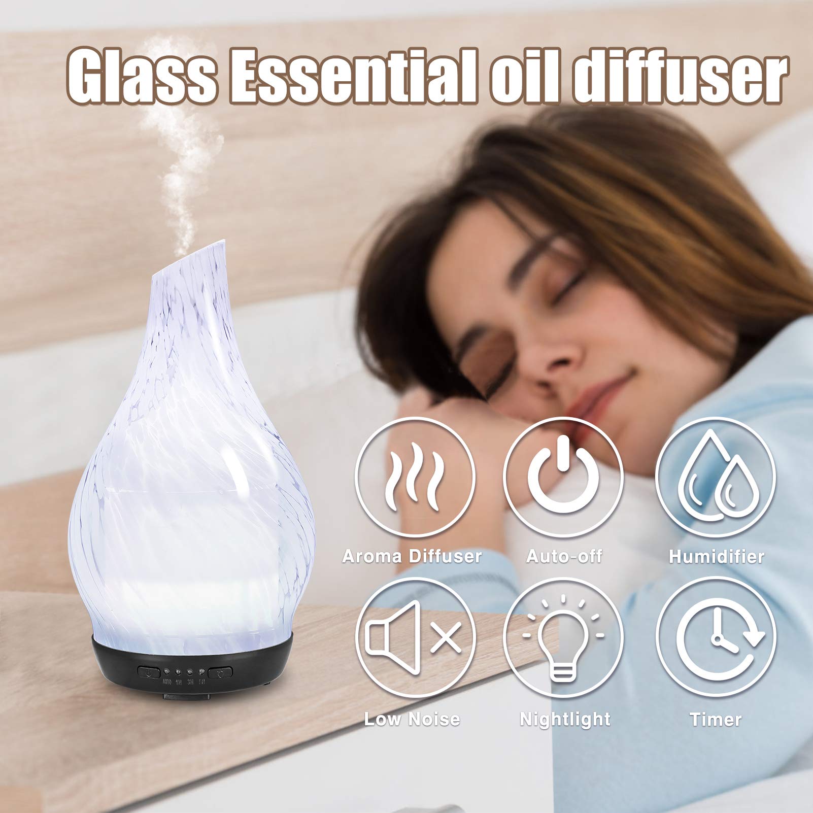 ZEERK Art Glass Essential Oil Diffuser, 250ML Ultrasonic Aroma Diffuser Quiet Cool Mist Humidifier for Home Gift, 7 Color Changing LEDs, Waterless Auto-Off, Timer Setting, BPA Free, White