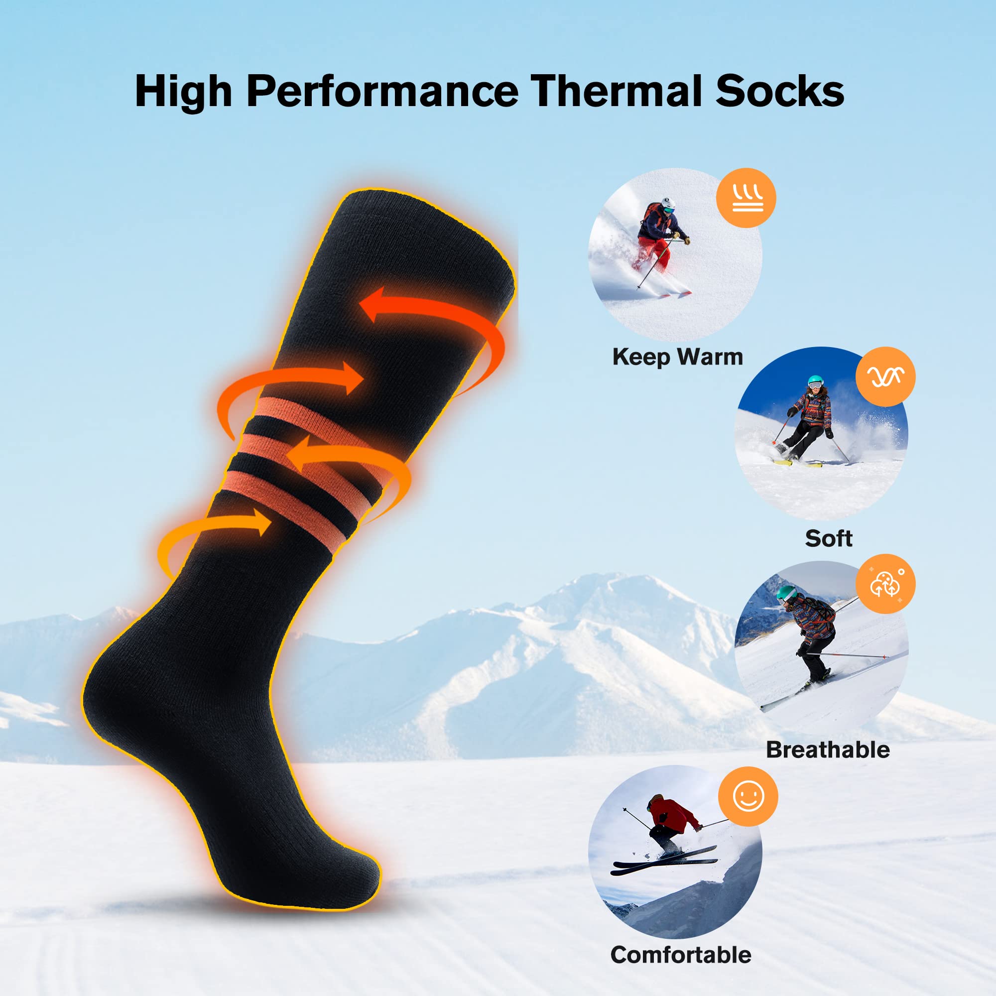TUTIVAC Ski Socks Over the Calf, Non-slip, for Men & Women, Thermal Socks for Winter, Black-L