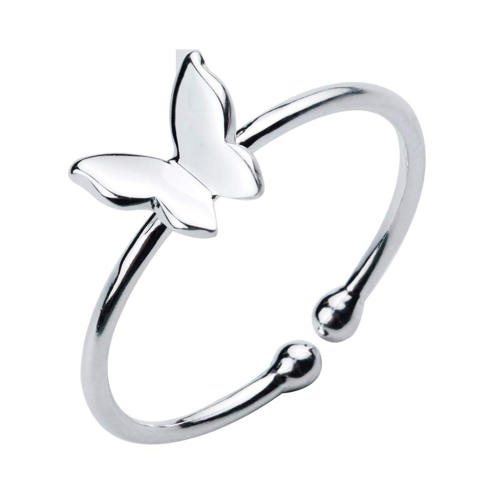 Sterling Silver 925 Dainty Butterfly Ring Minimalist Adjustable Open Tail Finger Stacking Band Promise Engagement Ring Wedding Bands Toe Band for Women