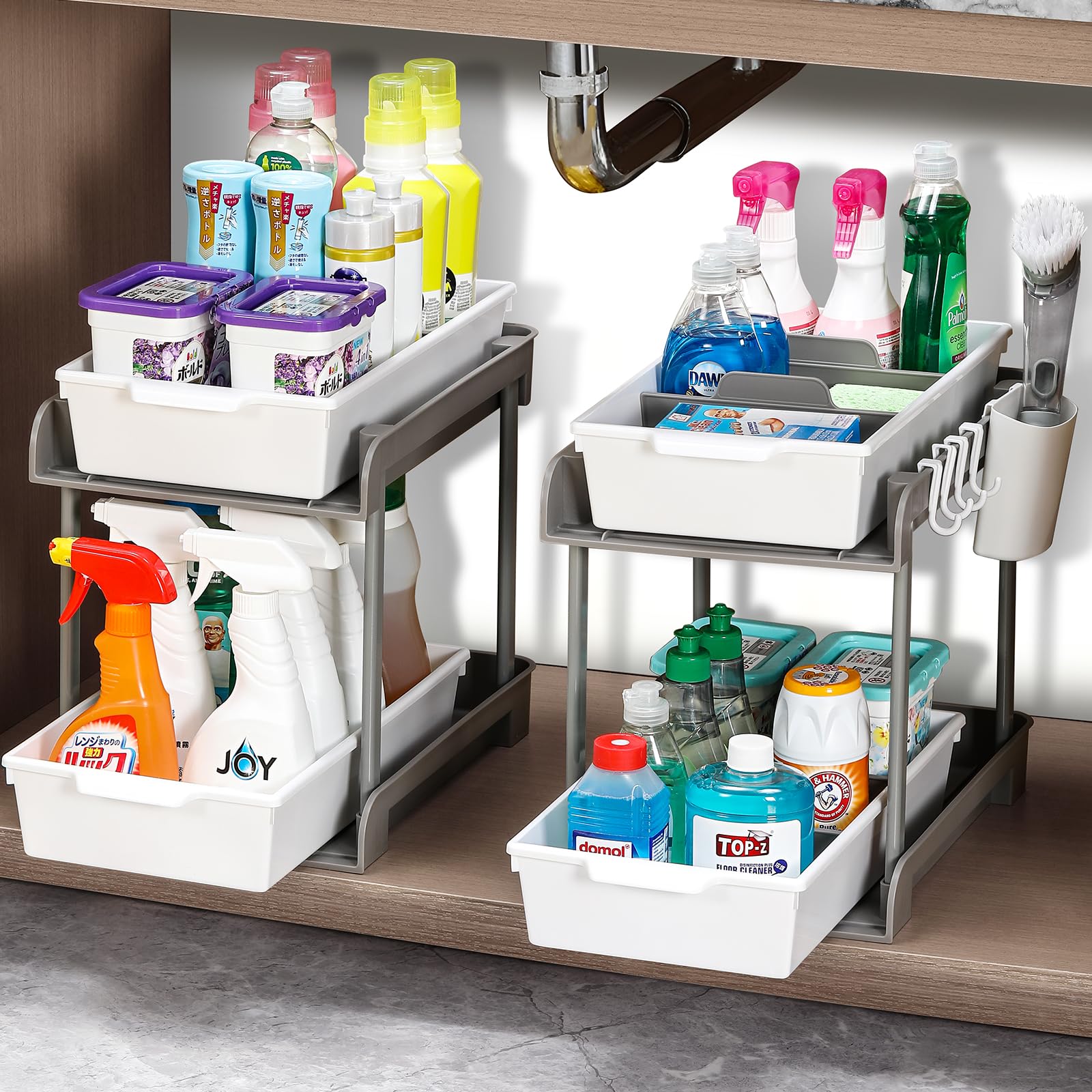 Set of 4, 10 Inch Non-Skid Lazy Susan Organizers & 2 Set, 2 Tier Pull-Out Under Sink Organizer and Storage with Dividers