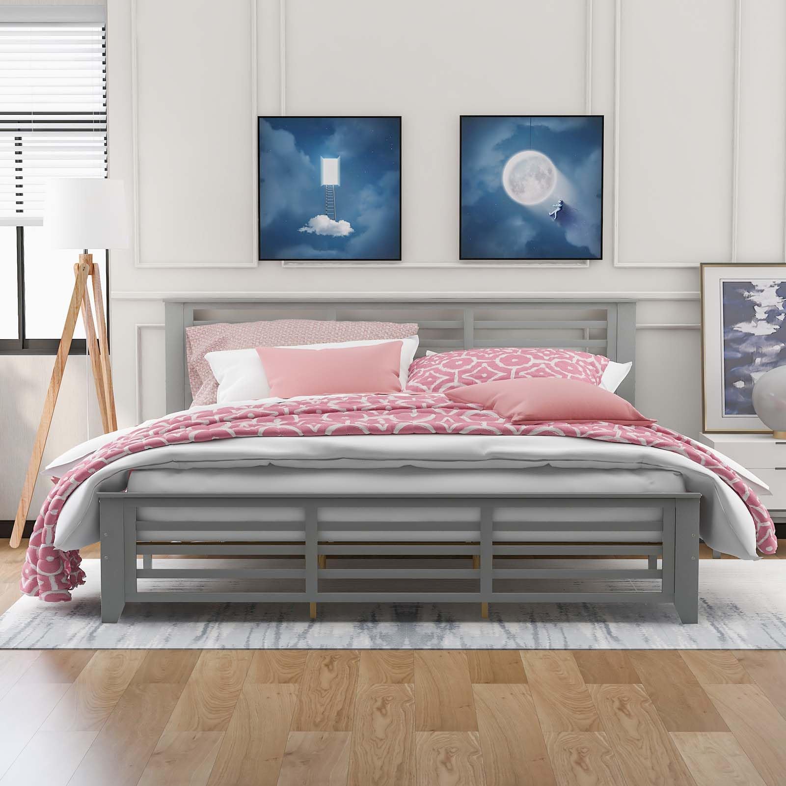 OTRIEK King Size Upholstered Platform Bed, King Size Bed Frame with Horizontal Strip Hollow Shape Headboard & Wooden Slats Support, No Box Spring Needed for Teens Adults Bedroom, Easy Assembly (Gray)