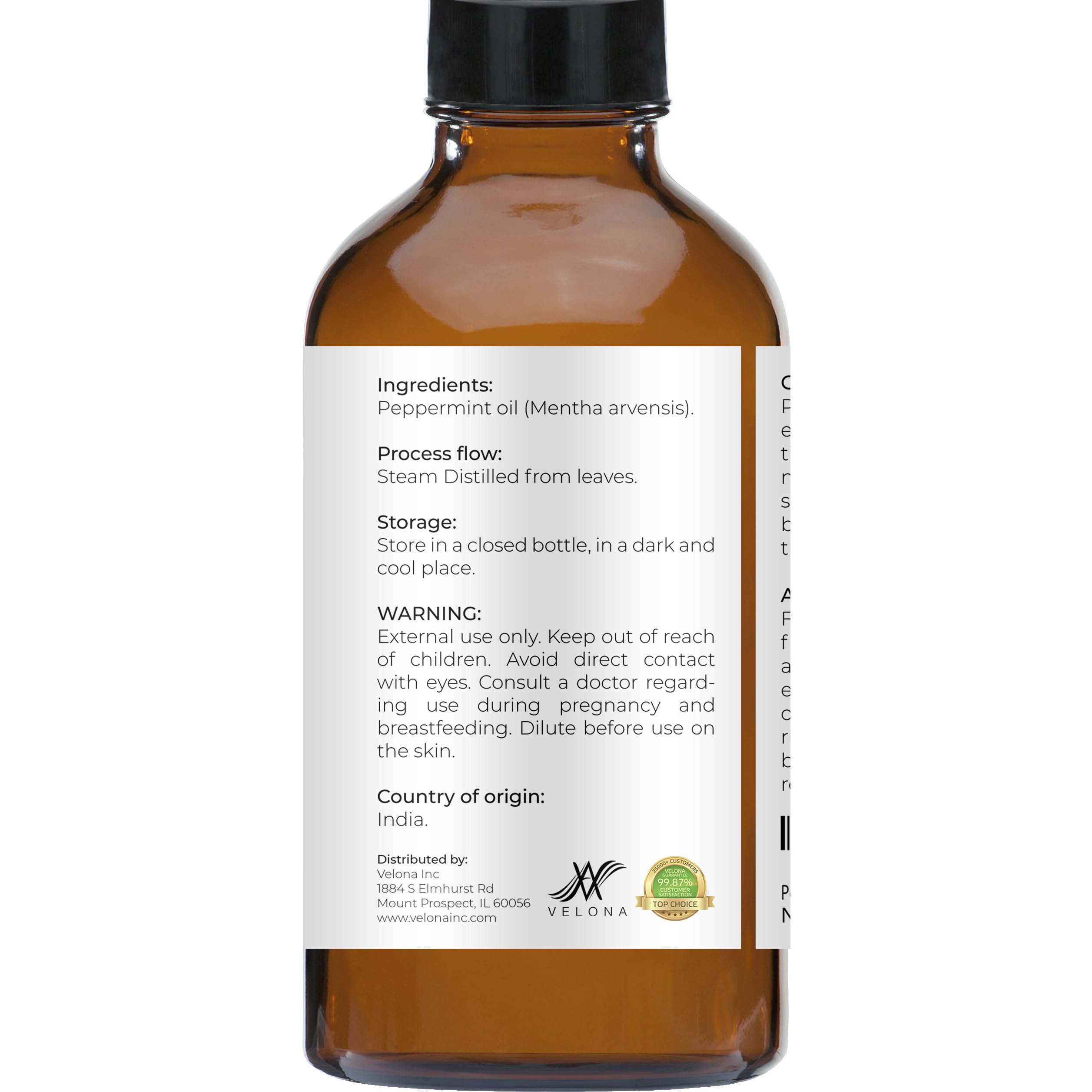 Peppermint Essential Oil by Velona - 4 oz | Therapeutic Grade 100% Pure and Natural | for Aromatherapy Diffuser, Massage, Skincare, Haircare, Soapmaking | Undiluted and Multipurpose in Glass Bottle