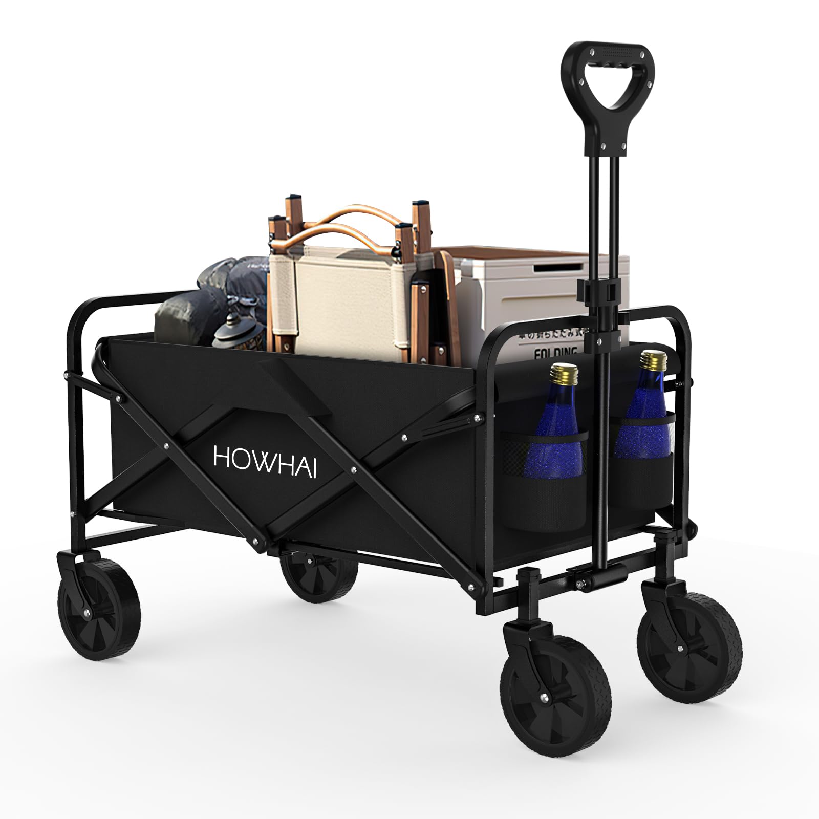 Wagons Carts Foldable, Collapsible Wagon, Wagon Cart with Wheels, Utility Wagon Cart with Wheels Foldable, Heavy Duty 100L Large with Drink Holders for Garden, Camping, Beach, Shopping(Black)