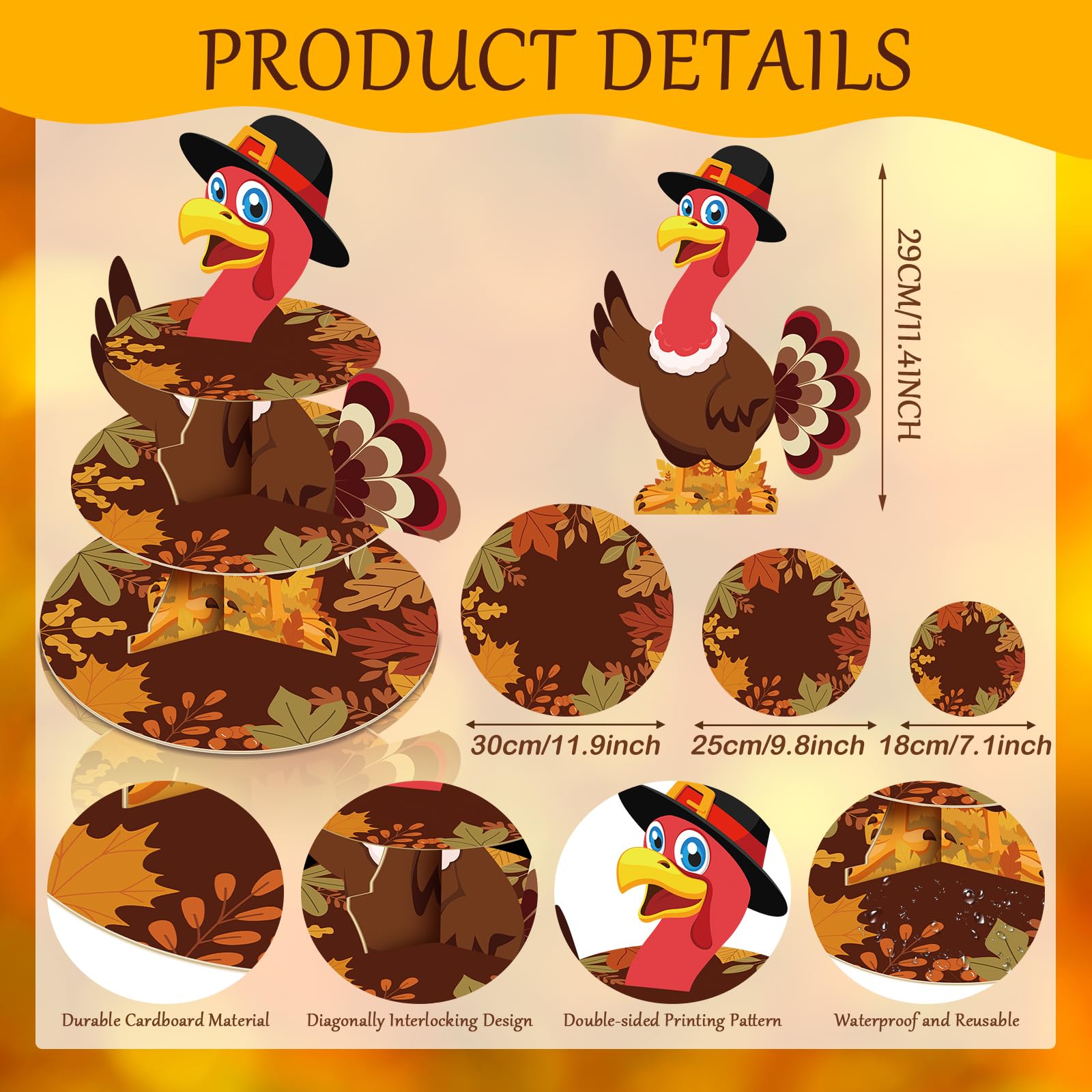 Uiifan Thanksgiving Day Cupcake Stand 3 Tiers Turkey Maple Leaf Cardboard Cake Dessert Holder Tower Cookie Trays for Fall Autumn Thanksgiving Decorations Party Supplies
