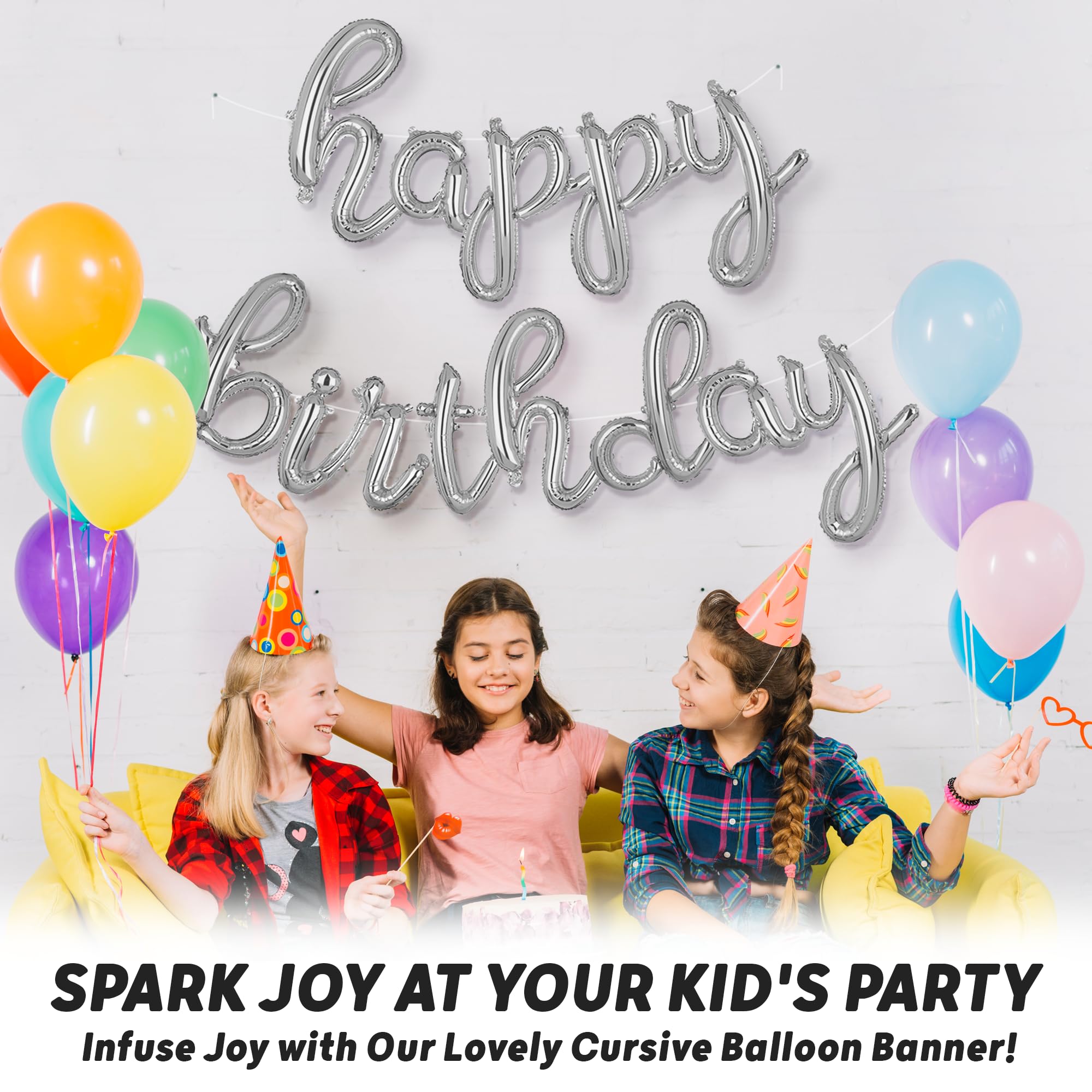 Silver Happy Birthday Balloons Banner | Script / Cursive Gold Letter Balloon Sign For Birthday Party Decor / Decoration | Foil Mylar Happy Birthday Banner (Silver)
