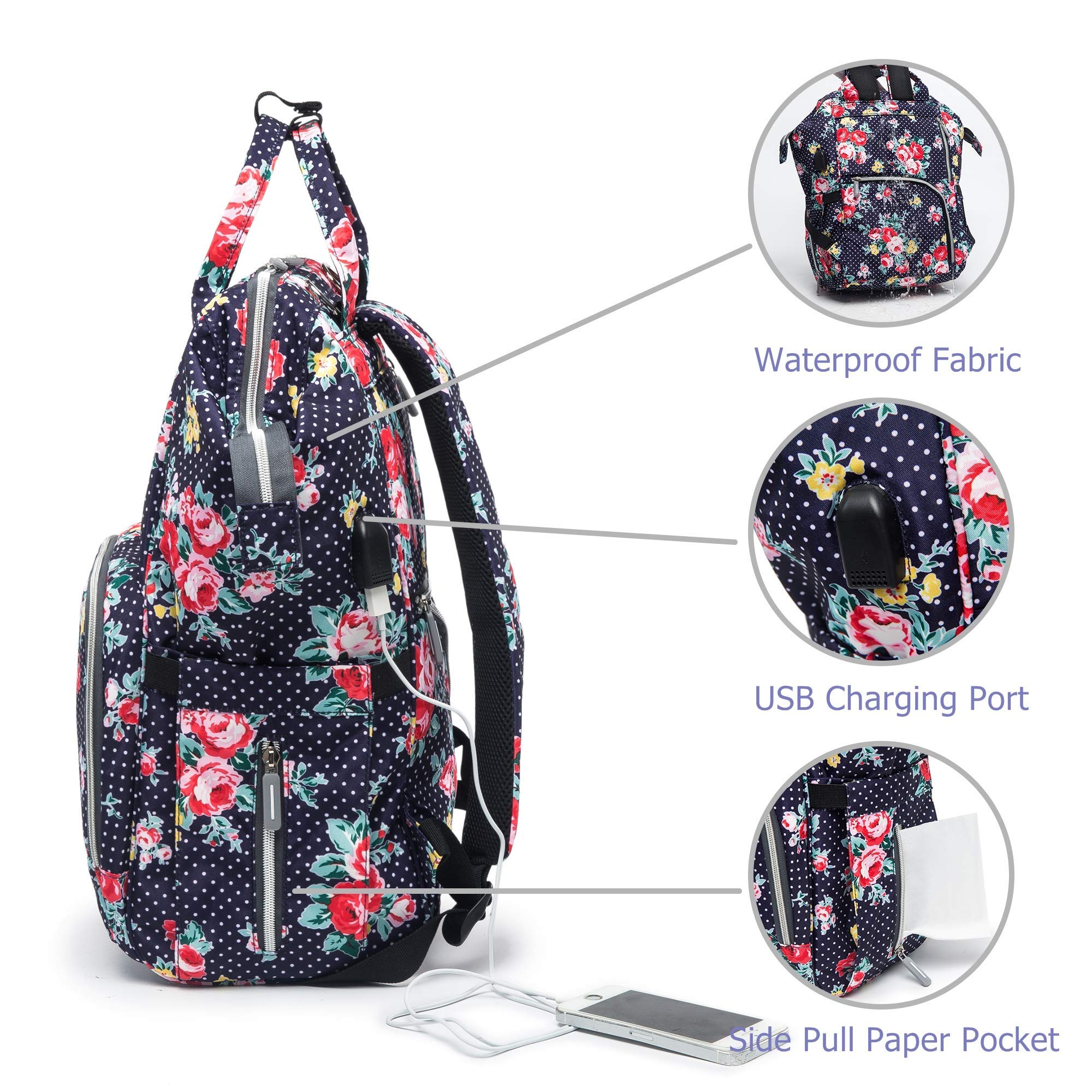 ROYALFAIR Diaper Bag Backpack Large Capacity Mummy Bag For Baby Care With Stroller Straps in Flower Pattern