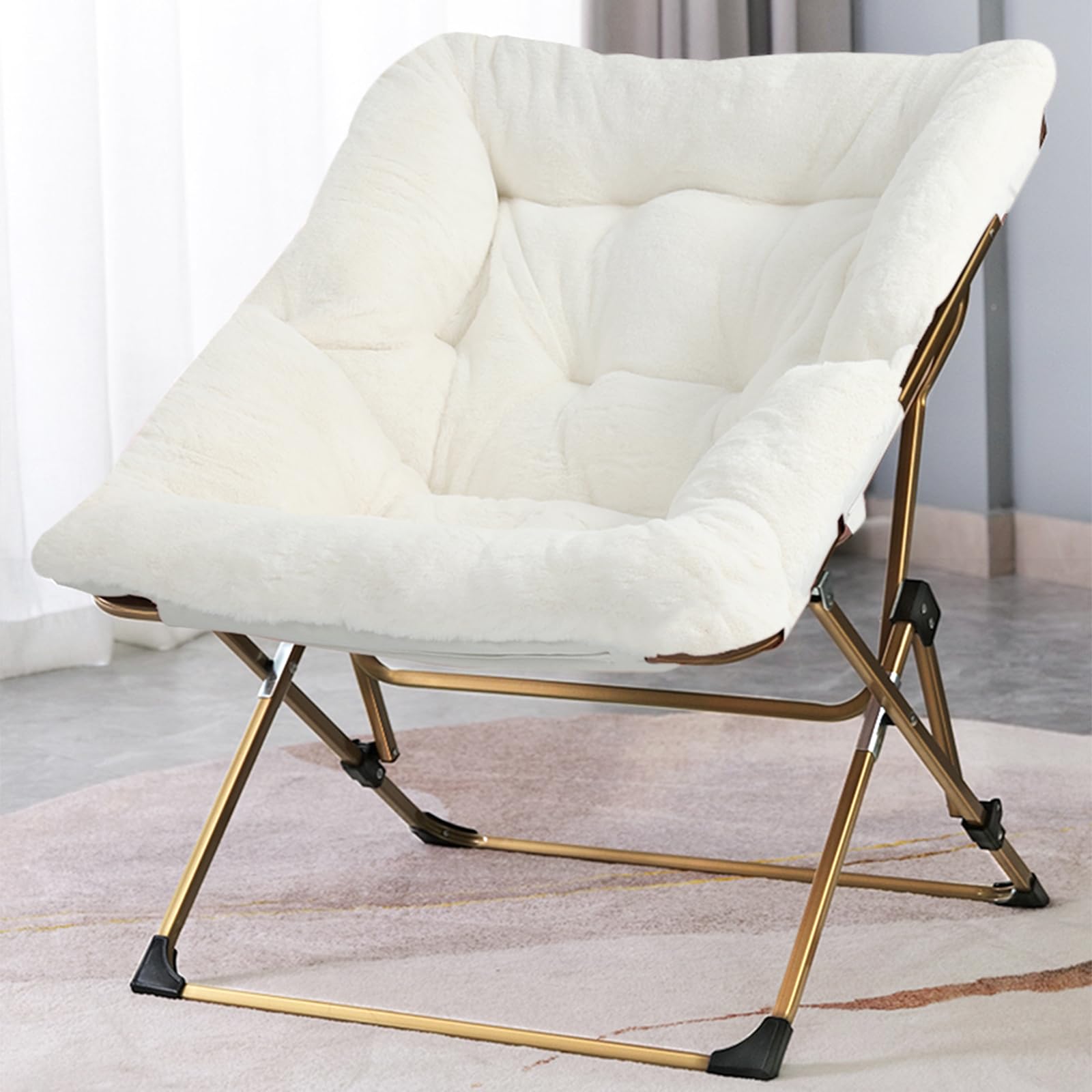 OAKHAM Comfy Saucer Chair for Adults, Soft Faux Fur Folding Lounge Chair for Bedroom Living Room Dorm Rooms Flexible Reading Chair for Teens Kids, X-Large Foldable Chair (Faux Fur-White)