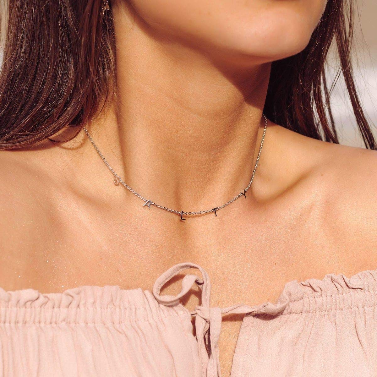 Pura Vida 14" Silver Salty Letter Charms Choker Necklace - Brand Charm, Exclusive Design - 3" Extender