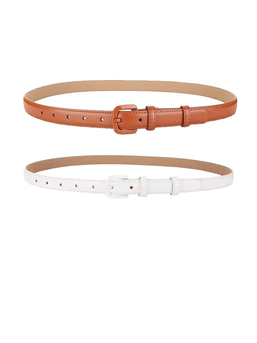Tronjori Womens Leather Belt Skinny Belts for Jeans Pants 2pcs pack(S,Brown White)