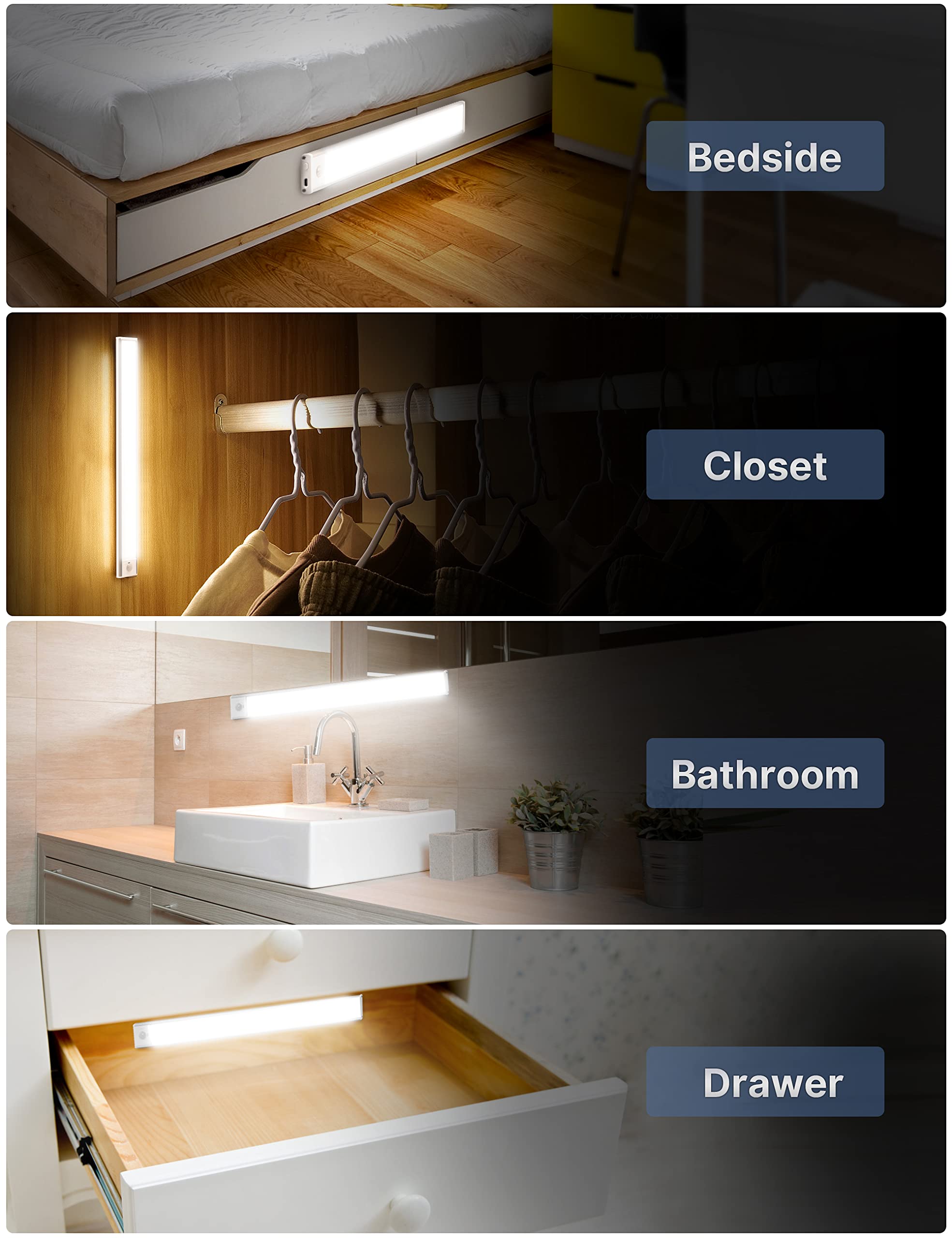 Wakodir 69 LED Under Cabinet Lighting, Motion Sensor Cabinet Light with 1800 mAh Battery, Wireless Rechargeable Night Light for Closet, Hallway, Stairs Cabinet, Kitchen, Wardrobe, Cupboard - 2 Pack