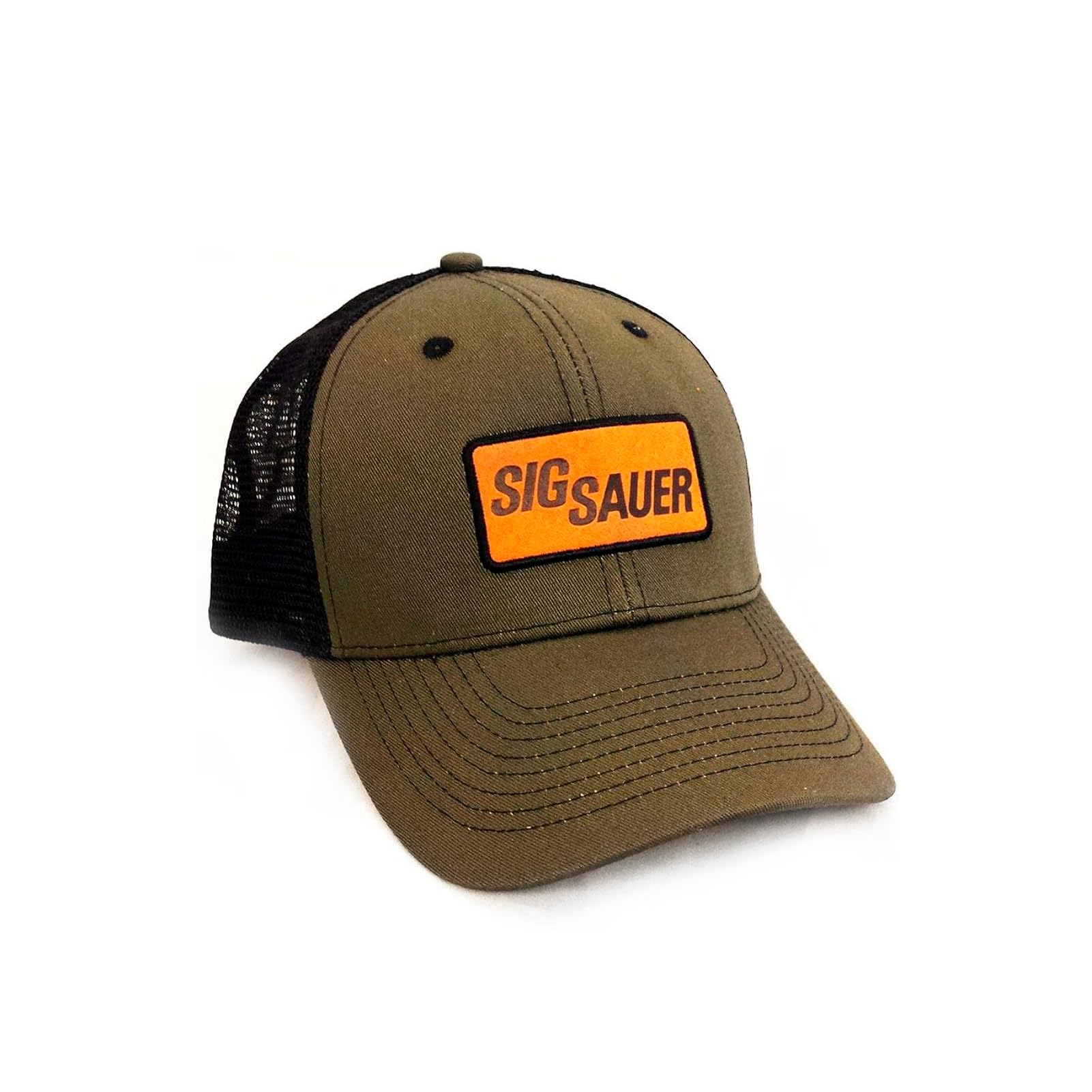 SIG SAUER Men's Leather Patch Adjustable Breathable Mesh Panels Sports Outdoor Shooting Hunting Military Green Trucker Hat
