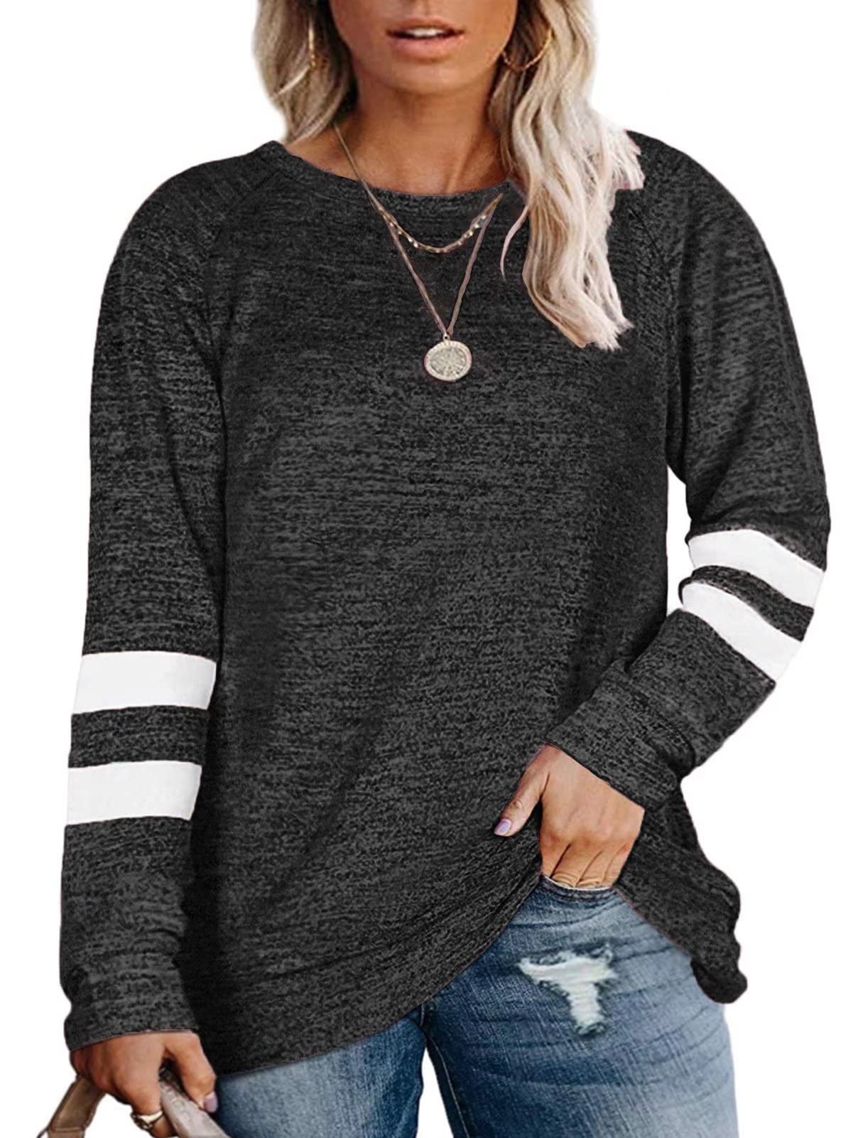 Wkior Plus Size Sweatshirt Ladies Loose Soft Long Sleeve Crewneck Tops Black Gray 2XL 20 Plus