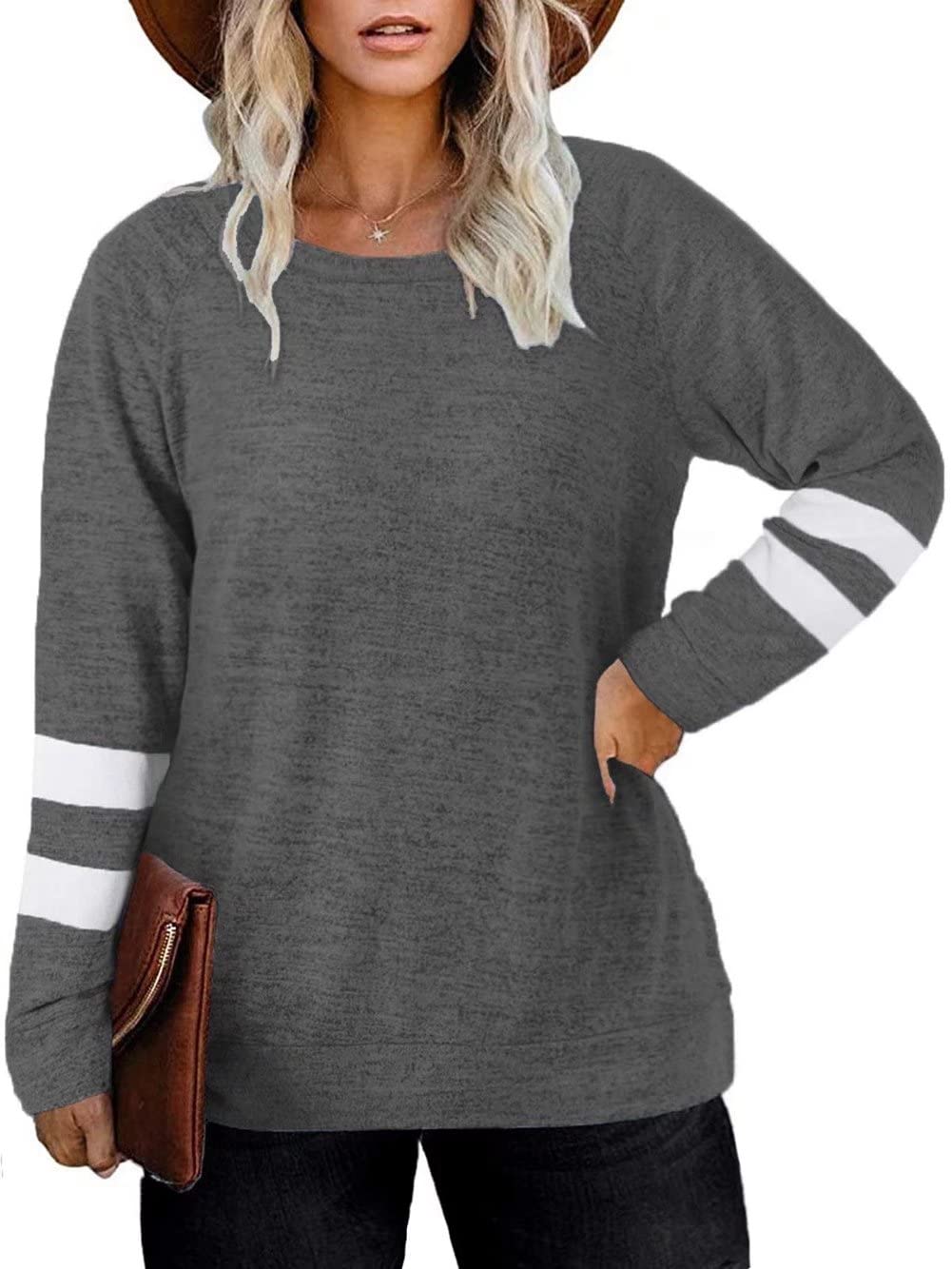 Wkior Plus Size Sweatshirt Ladies Loose Soft Long Sleeve Crewneck Tops Dark Gray 2XL 20 Plus
