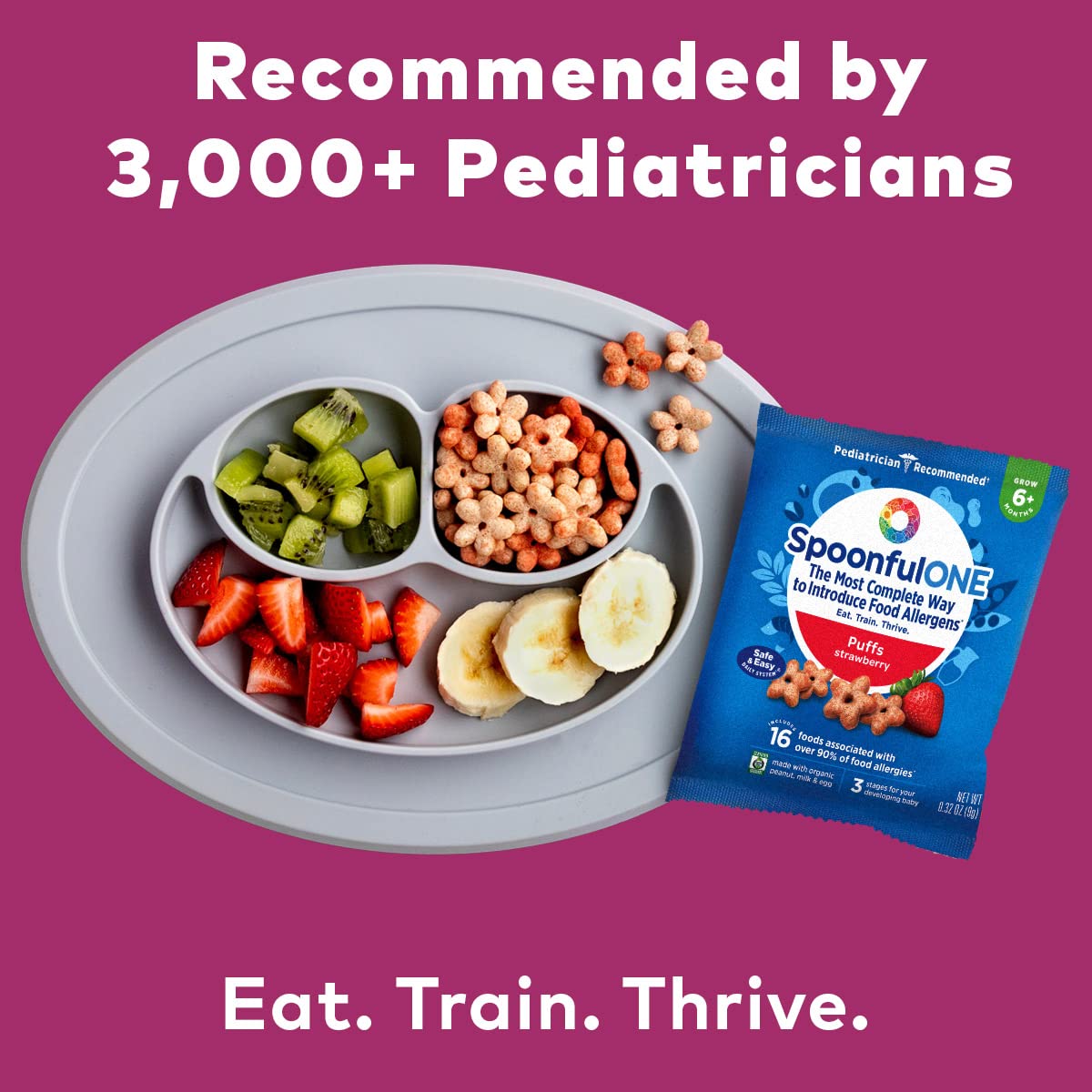 SpoonfulONE Food Allergen Introduction Puffs | Smart Feeding Snack for an Infant or Baby 6+ Months | Certified Organic (Strawberry - 7 Pack)