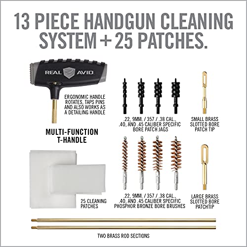 Real Avid PRO Handgun Cleaning Kit | Premium Pistol Cleaning Kit with Brass Cleaning Rod, Bore Brushes, Gun Cleaning Jags & Gun Cleaning Patches | For .22 .357 9MM .38 .40 .44 & .45 Caliber Handguns