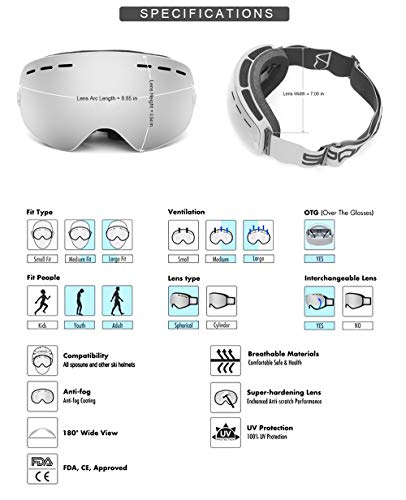 SPOSUNE Ski Goggles Over Glasses - Snow Goggle for Men Women Youth Snowboard Skiing - UV400 Anti-Fog Snowmobile Goggles