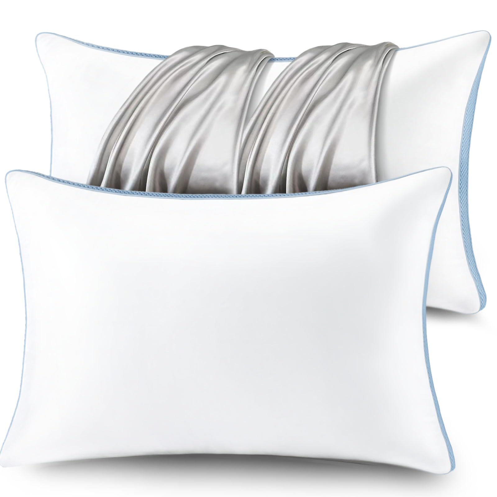 Pillows Queen Size Set of 2, Hotel Cooling Bed Pillows for Sleeping, 2 in 1 Beding Gift for Women Men, Machine Washable, 18" x 30"