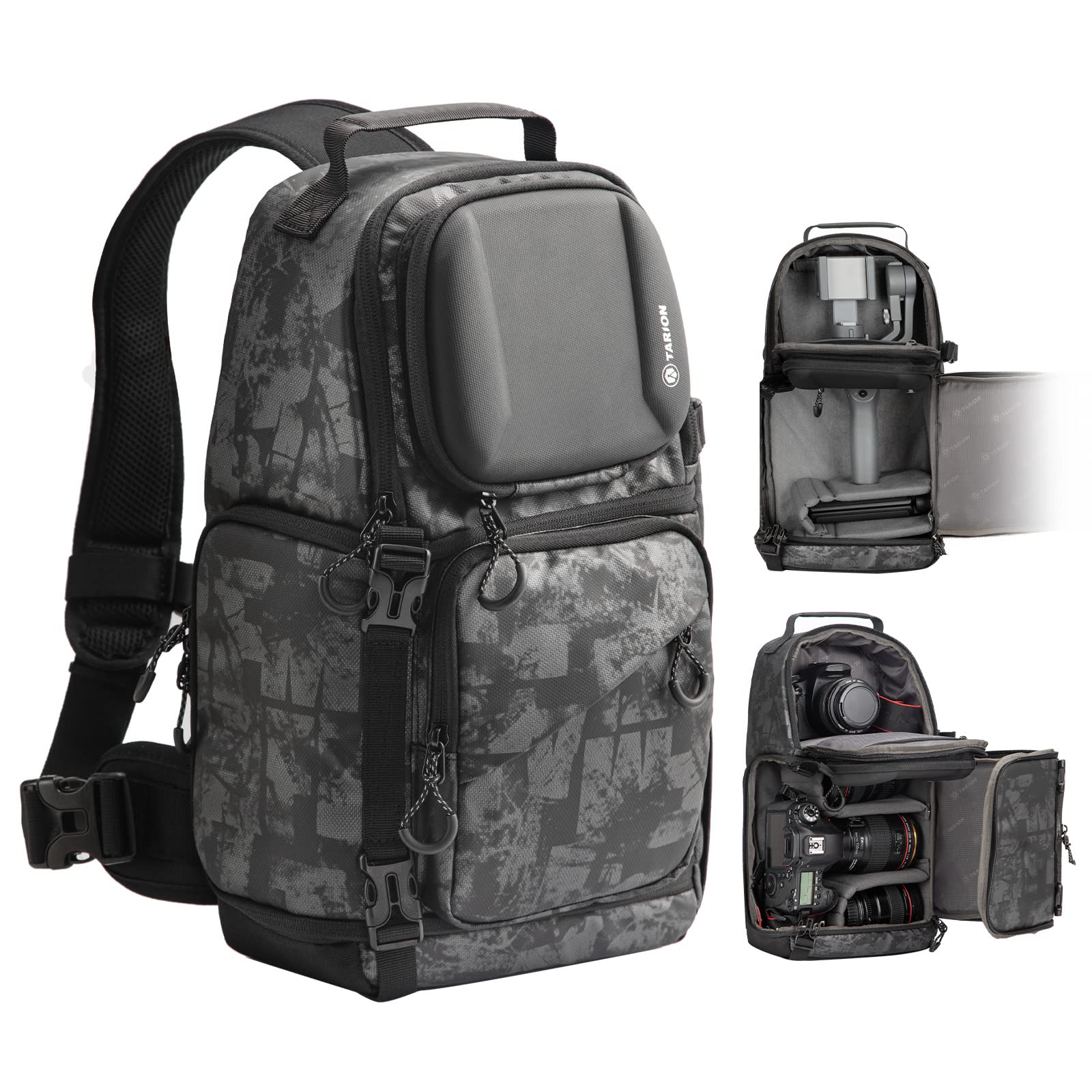 TARION Camera Sling Bag DSLR Sling Backpack for Men Women Photographers with Waterproof Raincover Tripod Holder Sling Pack Camera Bag Backpack Photography Slingpack Crossbody Bag Gray and Black TR-S