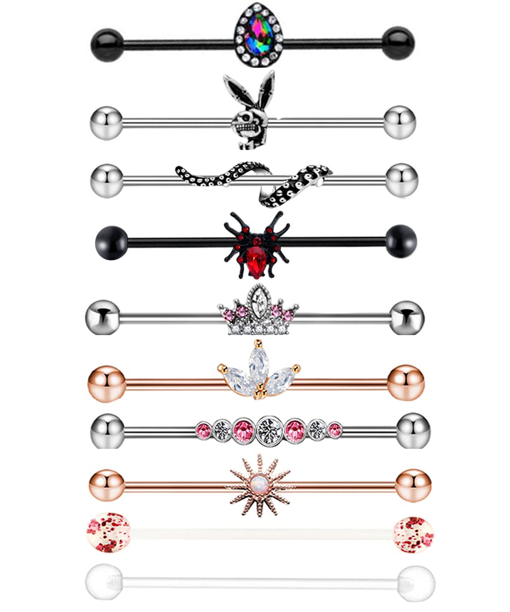 TIANCI FBYJS 10 pcs Surgical Steel 14G Industrial Barbell Earring Cartilage Piercing Jewelry 38mm 1&1/2 Inch Stainless Steel Industrial Piercing Bar