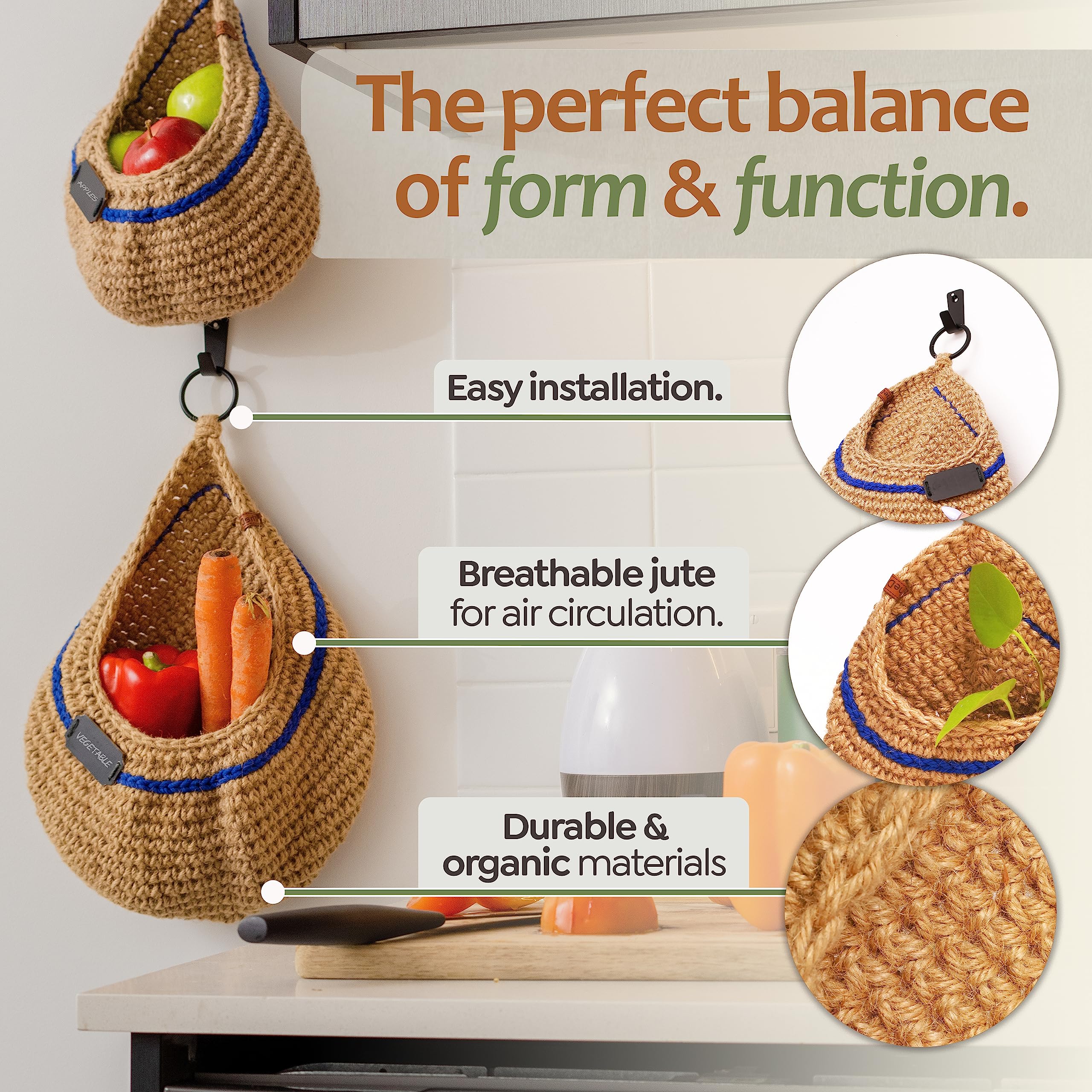Wall Hanging Basket Set of 3 β 100% Natural Jute Hanging Baskets for Organizing β Handmade Hanging Fruit Basket and Hanging Wall Basket w/Extra Strong Hanging Hooks β Home & Kitchen Storage by TheDOM