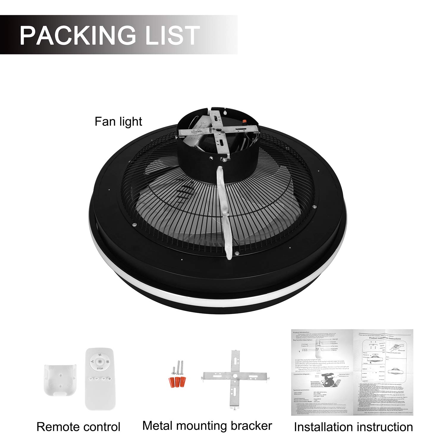 SHENGQINGTOP Modern LED Enclosed Ceiling Fan with Lights Remote Control 40W 20 Inches Round Flush Mount Low Profile Ceiling Fan, 7 Blades, 3 Color changeable, 3 Speed, Timing, Black