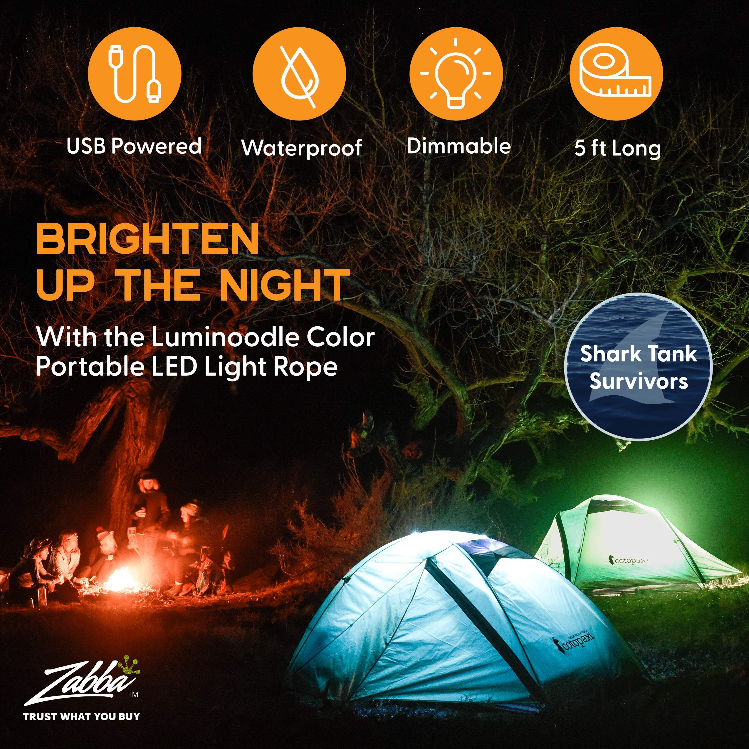 POWER PRACTICAL Luminoodle - The Original LED Light Rope for Camping - 5ft Waterproof USB Powered LED String Lights + Lantern for Hiking, Safety, Emergencies
