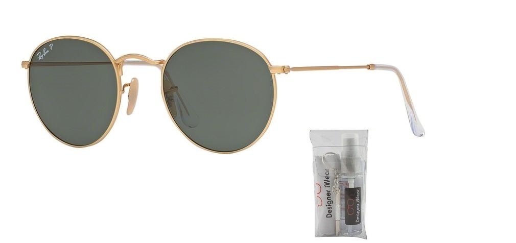 Ray-Ban RB3447 ROUND METAL 112/58 50M Matte Gold/Green Polarized Sunglasses For Men For Women + BUNDLE with Designer iWear Eyewear Kit