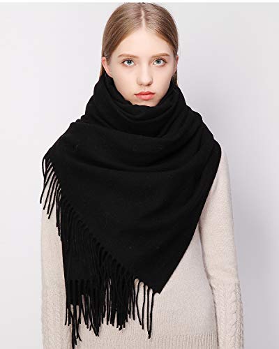 RIIQIICHY 100% Wool Scarf Pashmina Shawls and Wraps for Women Cashmere Warm Winter More Thicker Soft Scarves Black