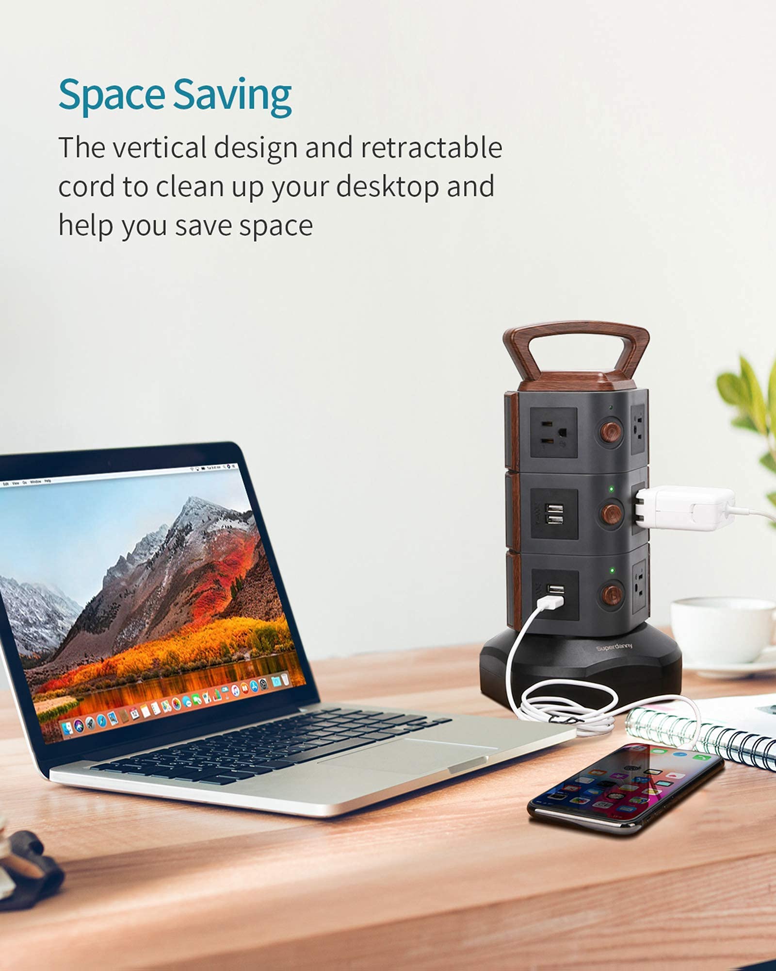 Power Strip Tower - SUPERDANNY Surge Protector Vertical Charging Station with 10 Outlets 4 USB Ports, 6.5ft Retractable Extension Cord Desktop Plug Bar with Wood Grain for Home Office Dorm Room Hotel
